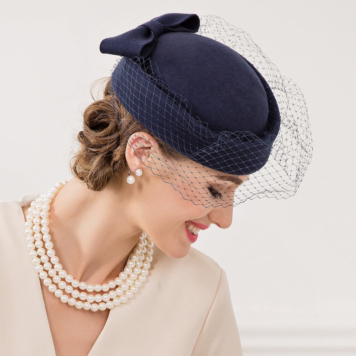 TS British Vintage Wool Felt Pillbox Hat with Veil Flower Fedoras Headpiece for Tea Party Wedding Church