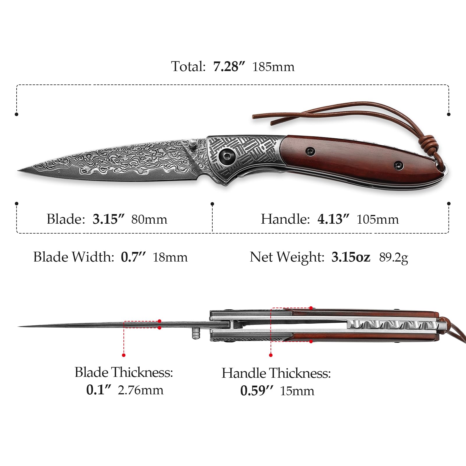 TRIVISA 3.15" Handmade Damascus Folding Pocket Knife,EDC Knives Gift for Men,Brown Bone Handle,Ceramic Bearings,Thumb Stud, Steel Bolster, Liner Lock.Piscis Austrinus-02B