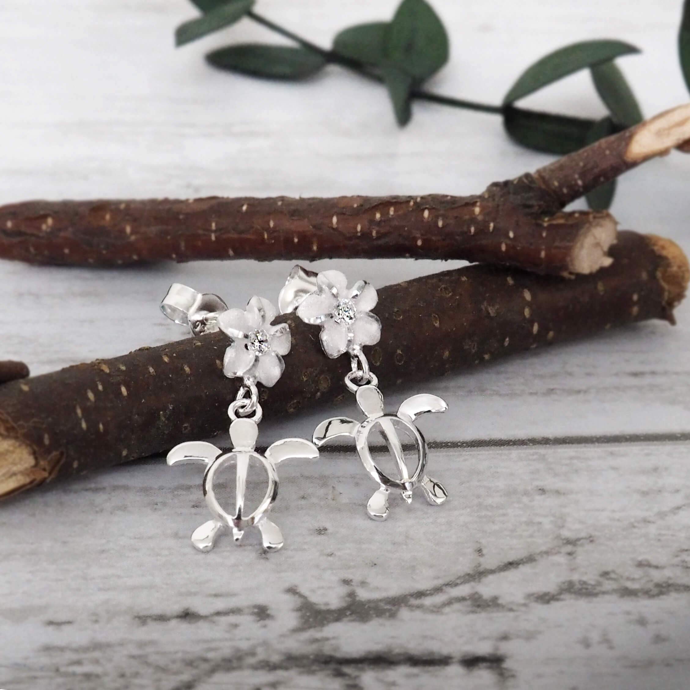 Sterling Silver Small Turtle and Plumeria Dangle Earrings