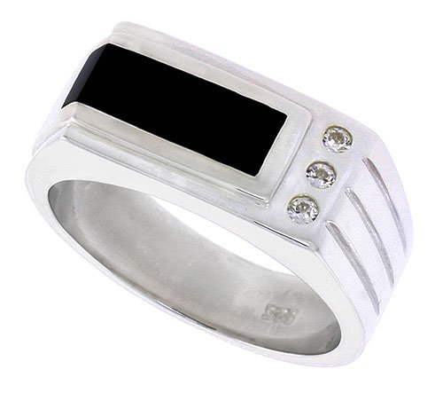 Sterling Silver Gents' Ring w/a Rectangular Black Onyx & 3 Tiny Cubic Zirconia Stones, 3/8" (9mm) wide, size 8
