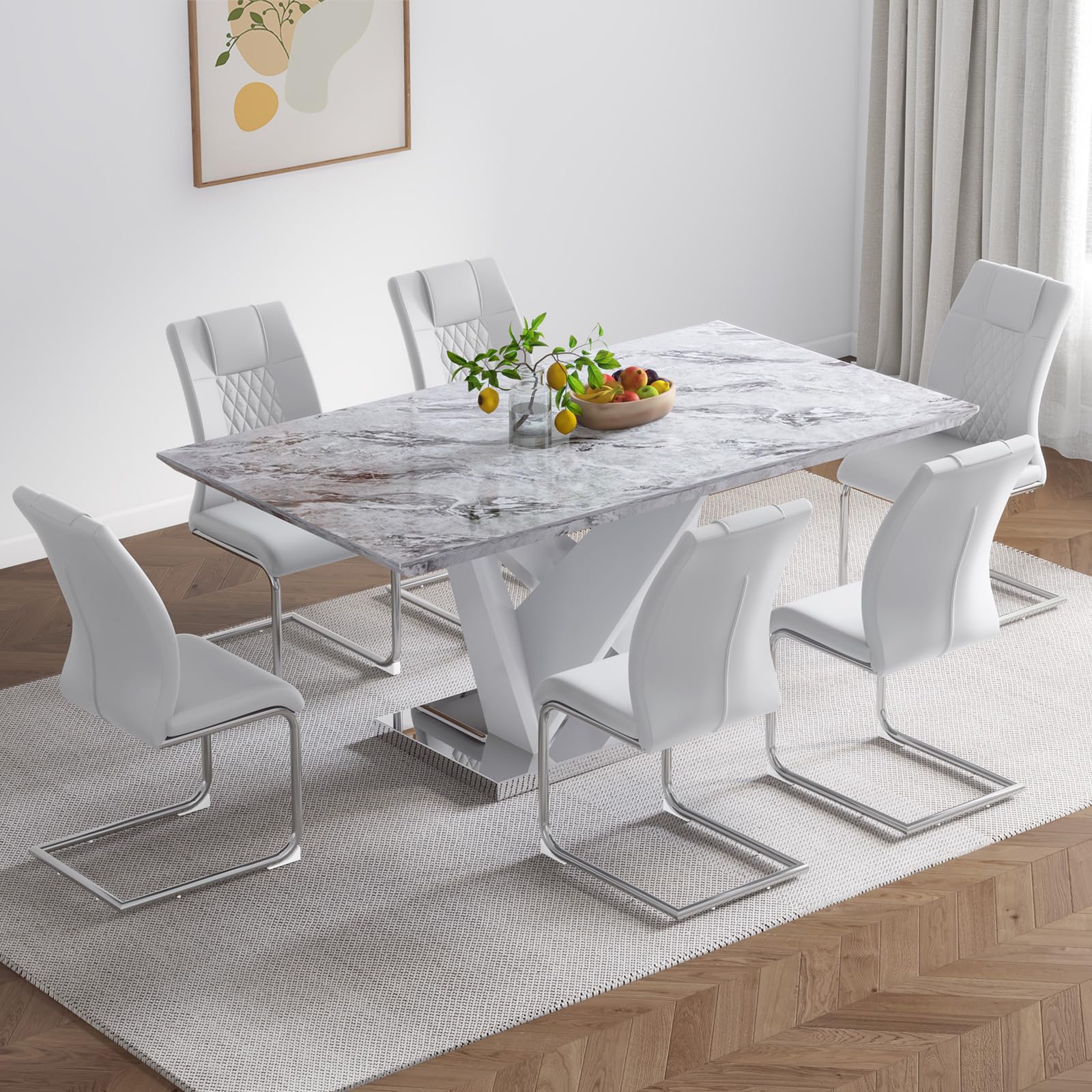 Tatub Modern Dining Table Set for 6, Faux Marble Dining Table with 6 PU Leather Chairs, 70.87" Rectangular Dining Room Table with Grey Marble Tabletop and X Shape Base for Dining Room, Kitchen