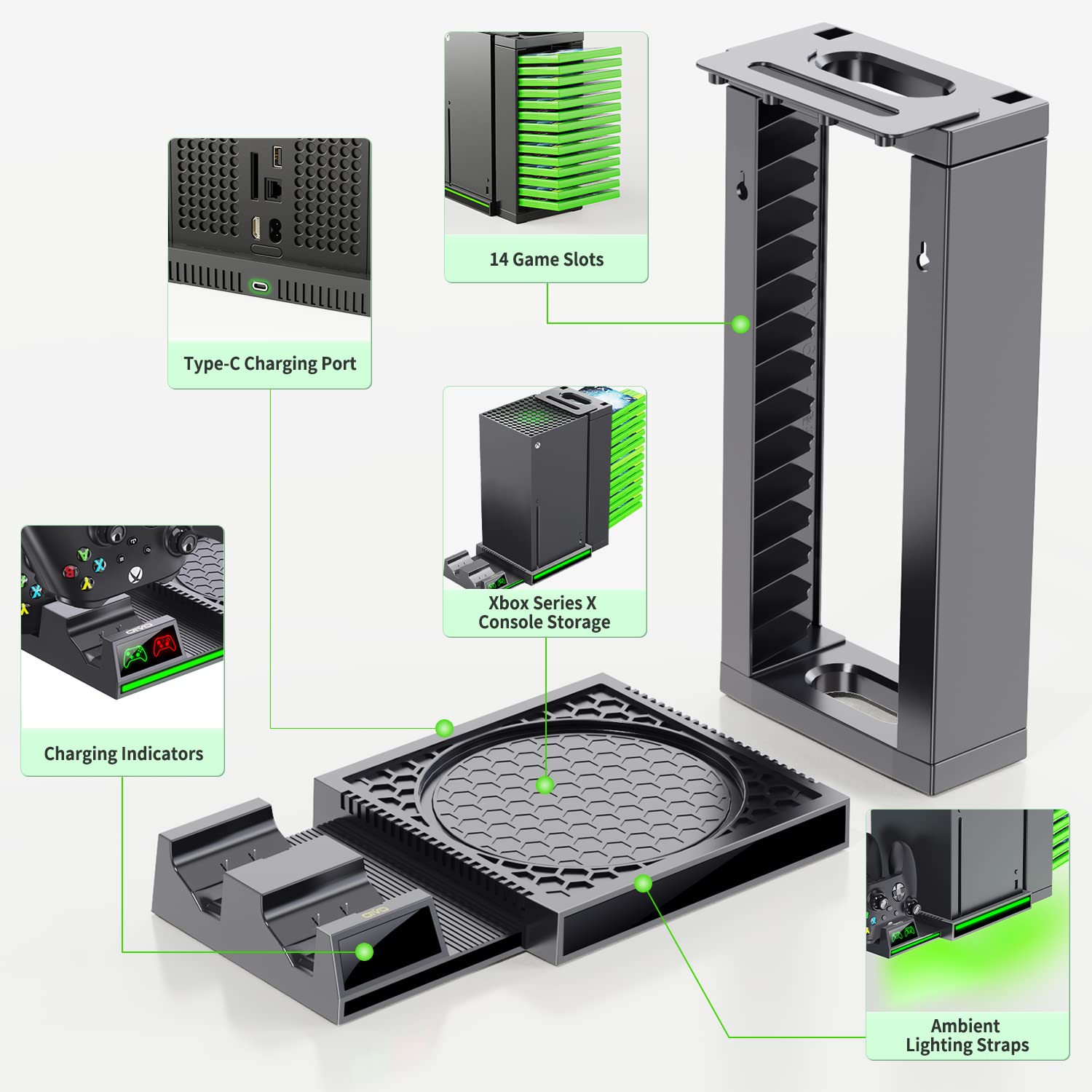 Vertical Stand Compatible Xbox Series X Console, OIVO Controller Charging Station with 2x1300mAh Rechargeable Battery for Xbox Series X|S, Xbox One S|X, Xbox Controller Charger with 14 Slots