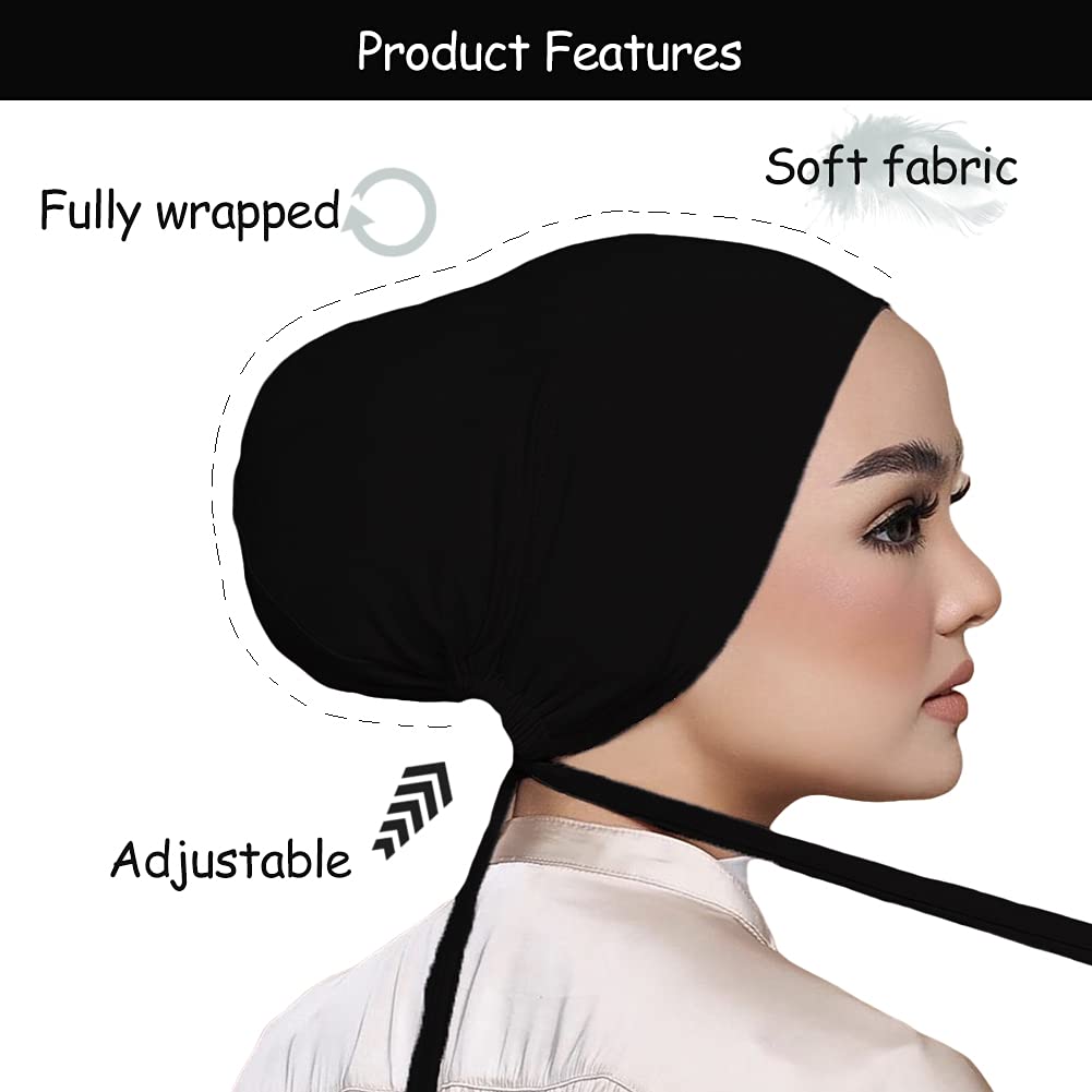 Women's Black Stretch Under Scarf Hijab Cap Solid Color White Hijab Under Caps for Hijabs 2pcs(White+Black)