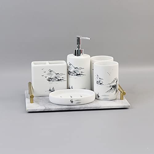 Soap Dispenser Ceramic Bathroom Accessories Set for 6 Bath Sets for Bathroom Hotel Restroom Includes Lotion Soap Dispenser Tumbler Toothbrush Holder Soap Dish and Tray Bathroom Soap Dispenser