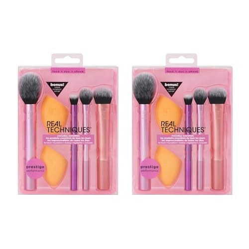 Real Techniques Makeup Brush Set with 2 Makeup Sponge Blenders, For Eyeshadow, Foundation, Blush, and Concealer, UltraPlush Synthetic Bristles, 6 Piece Makeup Brush Set (Pack of 2)