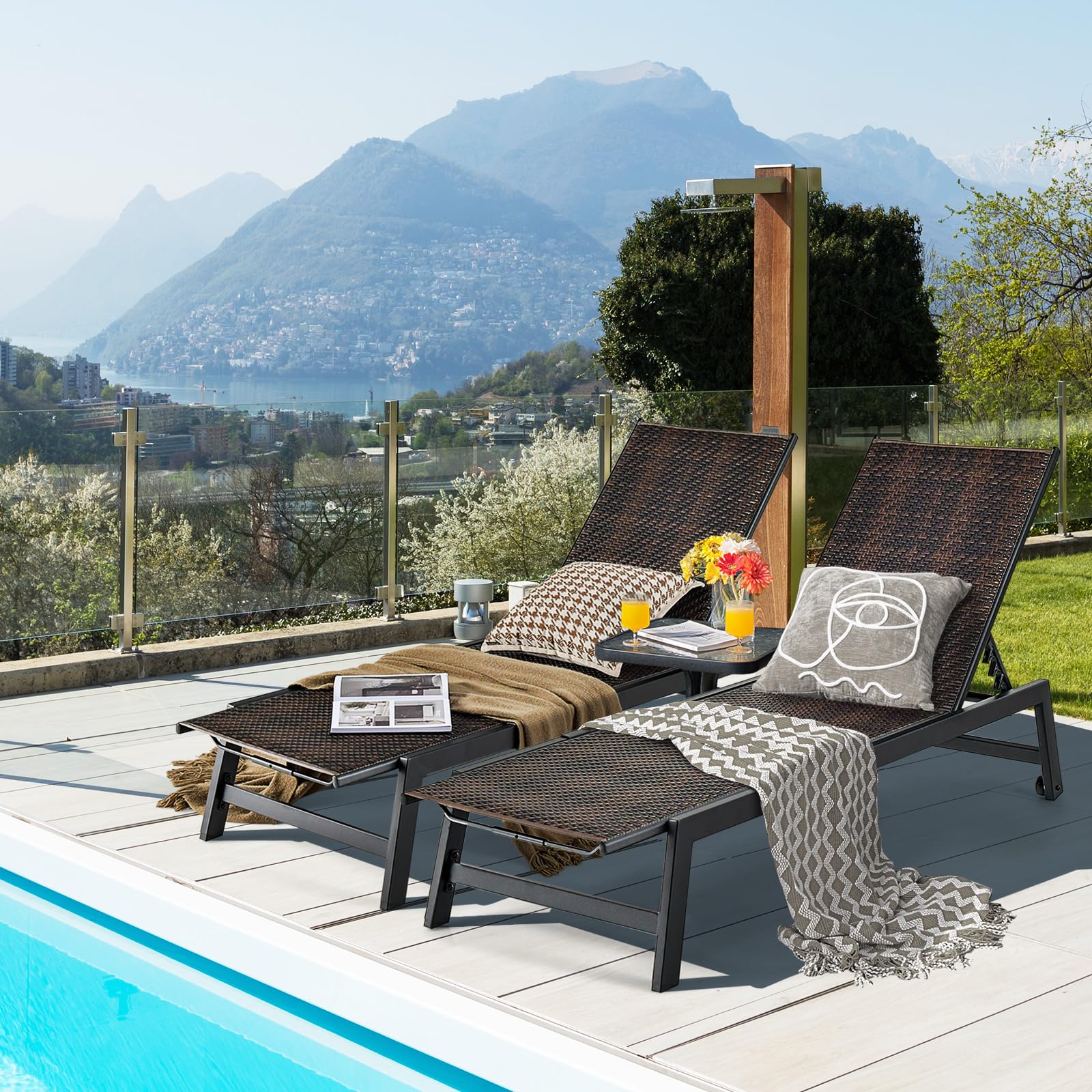 Tangkula Patio PE Rattan Chaise Lounge, Outdoor Recliner w/ 5-Level Backrest, Heavy-Duty Galvanized Steel Frame, Convenient Wheels, Patio Reclining Chair for Backyard, Poolside (2)
