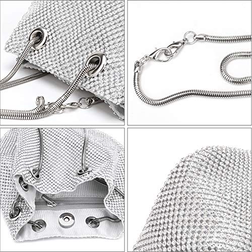 Women's Evening Bag- Upgraded Larger Size Full Rhinestones Bucket Bag Shining Crossbody Bag Shoulder Bag for Party Wedding Date Night (Large (7.9''x7.9‘’x5.1''), Silver)