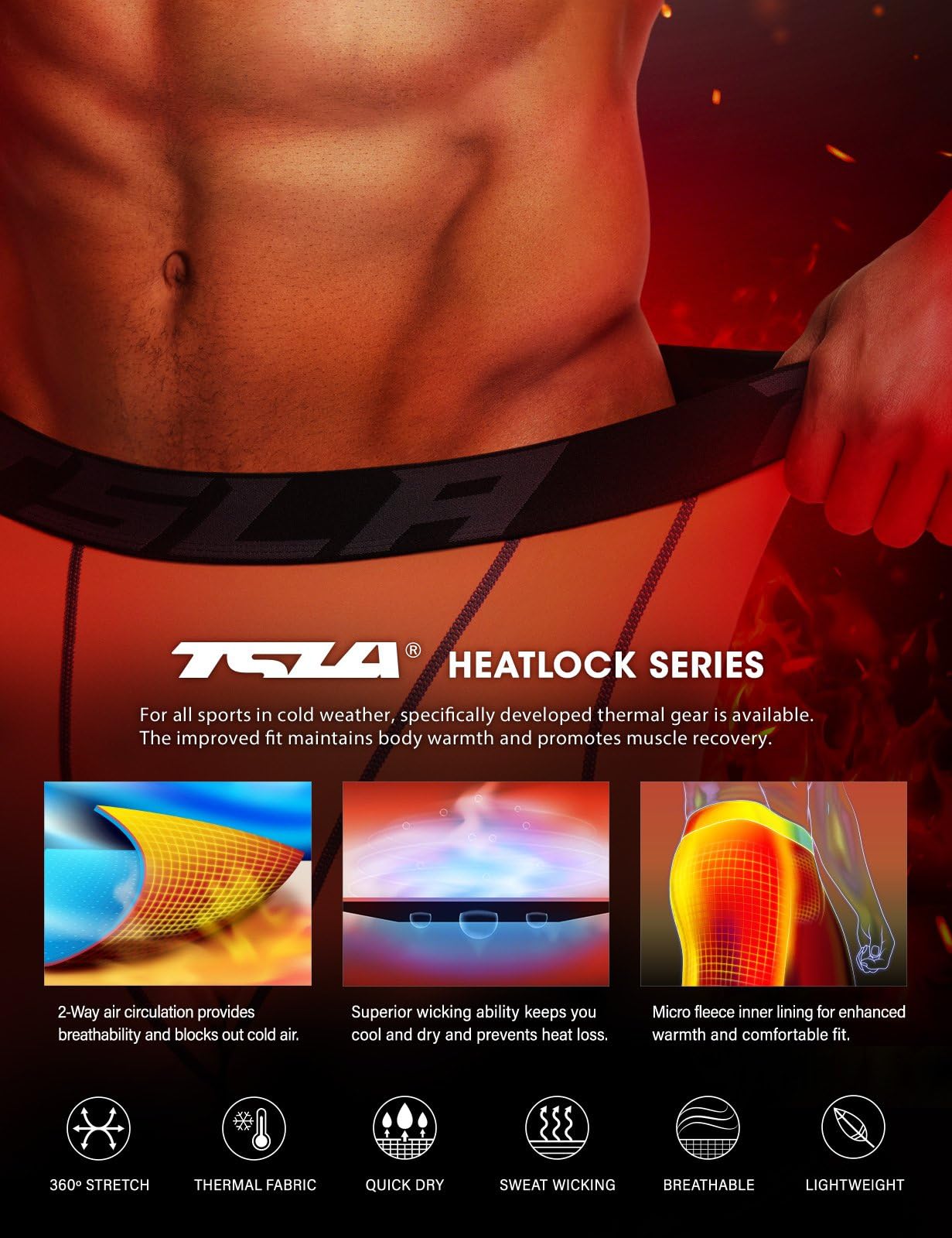 TSLA Men's Thermal Compression Pants, Athletic Sports Leggings & Running Tights, Wintergear Base Layer Bottoms, Heatlock Pure Orange, Large