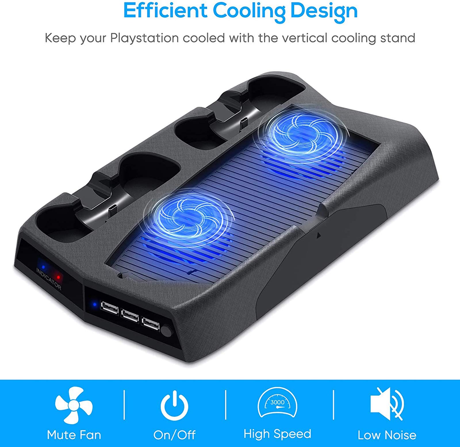 Vertical Stand for PS5 - With Cooling Fan Digital Edition/Ultra HD Playstation 5 Stand Controller Charge Station with Dual Controllers EXT Port Charger Dock and 3 USB HUB, 14 Game Slots