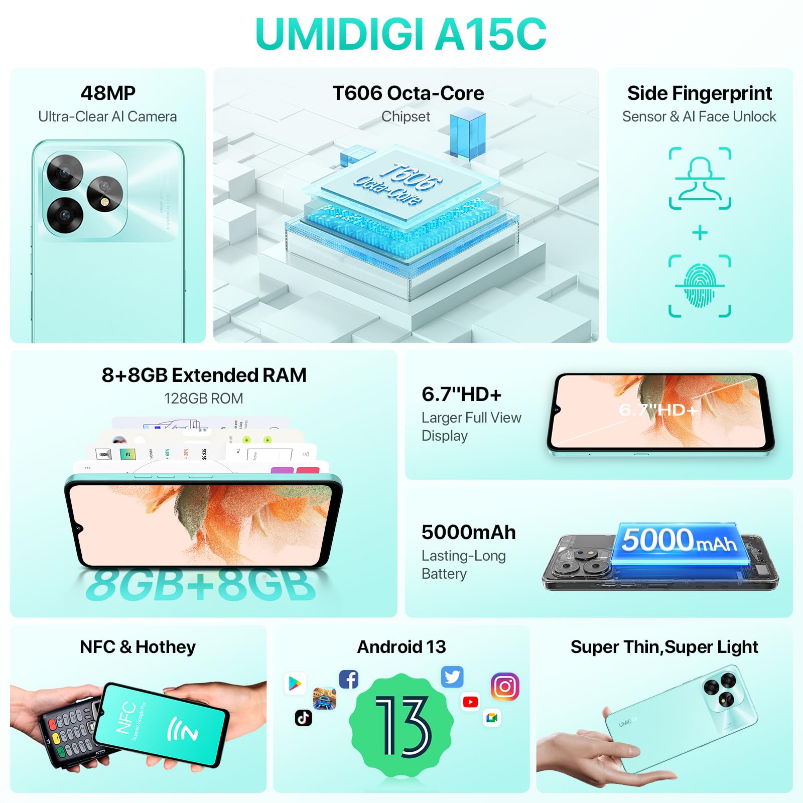 UMIDIGI A15C (8+8GB RAM+128GB ROM) Android 13 NFC Unlocked Cell Phone,48MP Ultra-Clear AI Camera Mobile Phone,5000mAh Battery Smartphone,6.7" HD Full View Display Dual Unlock Phone-Space Gray