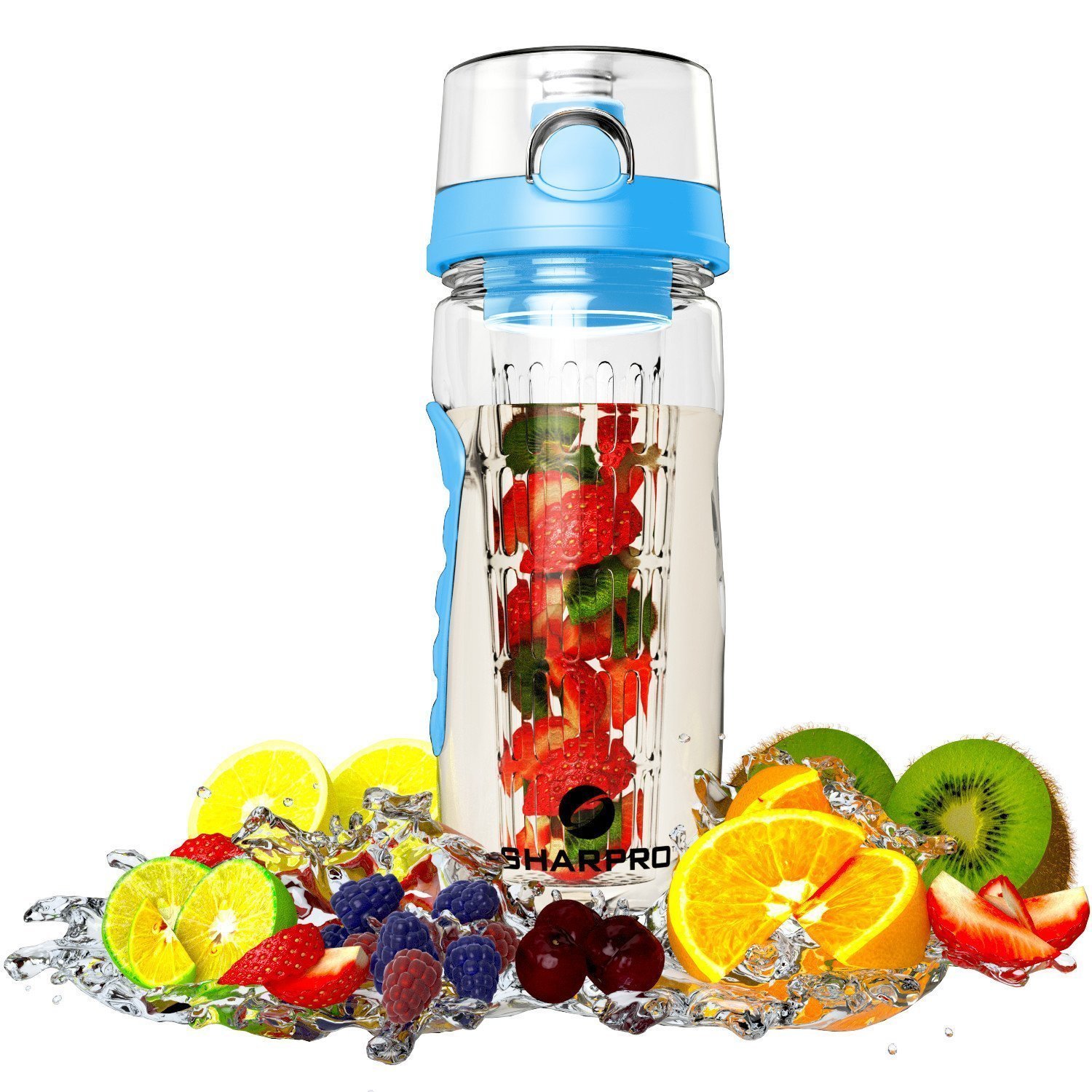 Sharpro 32 oz. Infuser Water Bottles With Sleeve - Featuring a Full Length Infusion Rod, Flip Top Lid, Dual Hand Grips With Cleaning Brush (Ocean Blue)