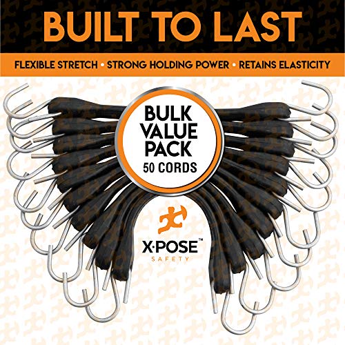 Rubber Bungee Cords with Hooks 50 Pack 9 Inch (14β Max Stretch) Heavy-Duty Black Tie Down Straps for Outdoor, Tarp Covers, Canvas Canopies, Motorcycle, and Cargo - by Xpose Safety