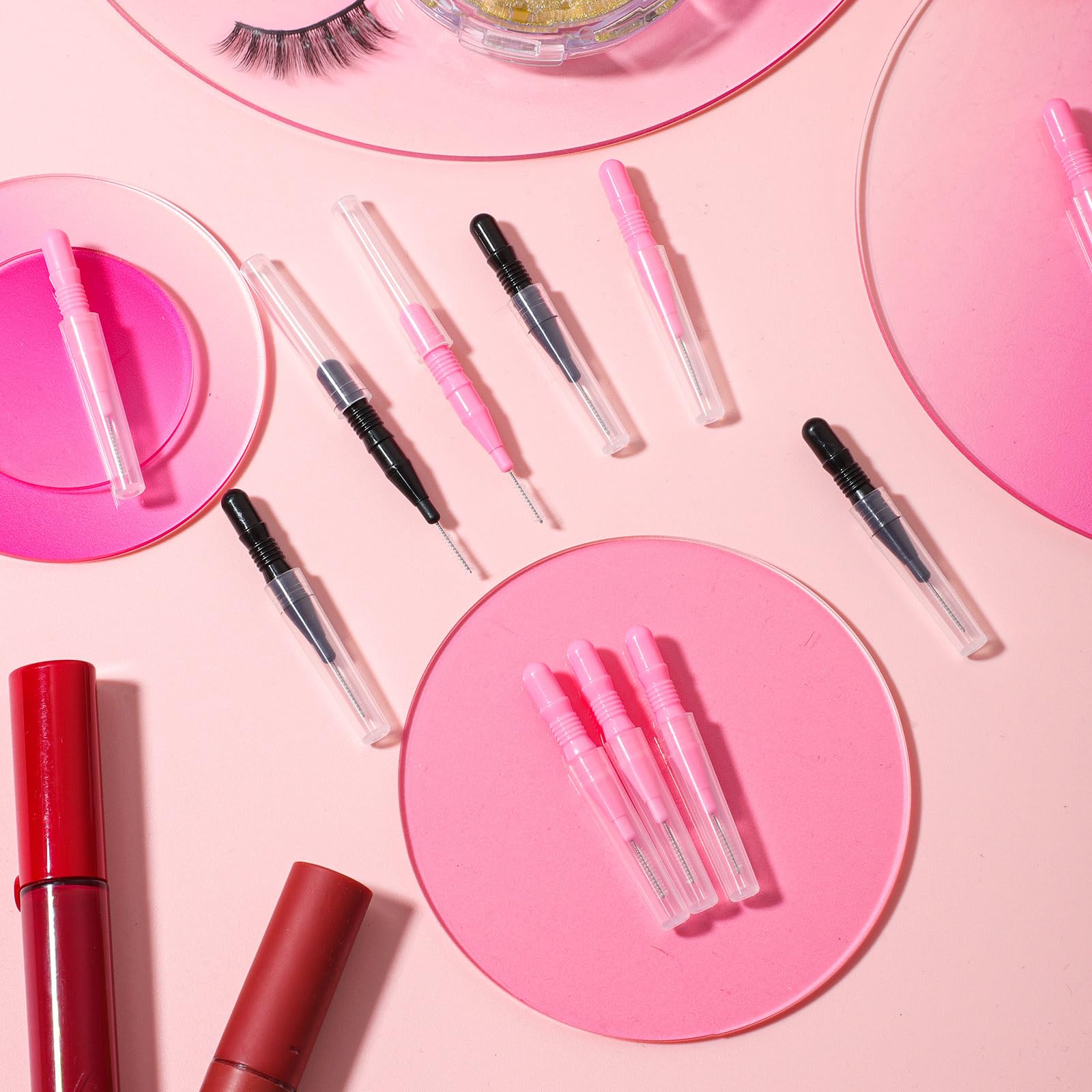 WSICSE 120 Pcs Micro Eyebrow Brush, Brow Lamination Brush with Cap Micro Eyebrow Lamination Brush Eyebrow Lash Lift Tool for Eyelash and Eyebrow Extensions(Black,Pink), D6917K-11-N