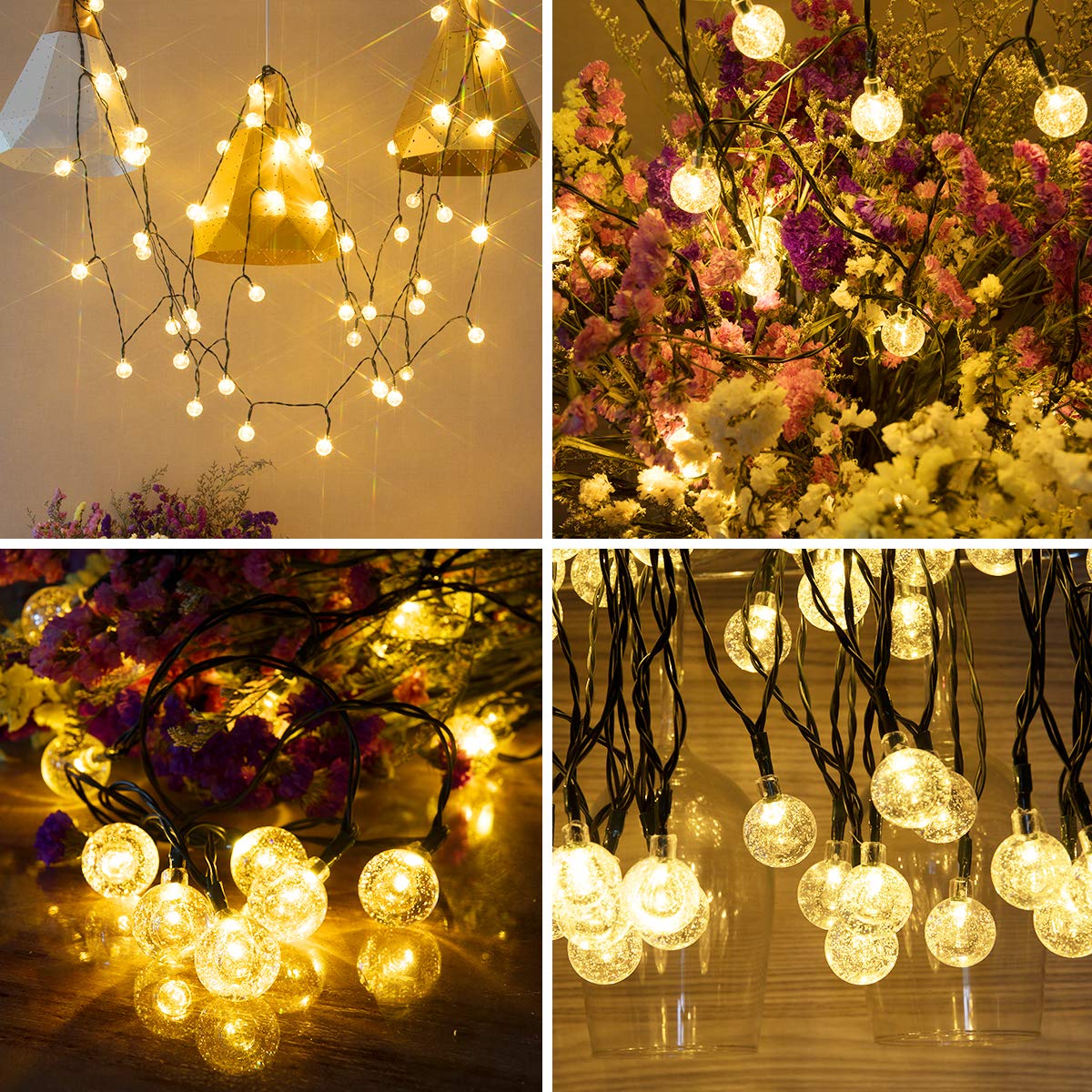 Vindany Outdoor Solar String Lights - 60 LED Decorative Fairy Lights String Light Solar Crystal Globe Waterproof Party Lights for Christmas Garden Wedding