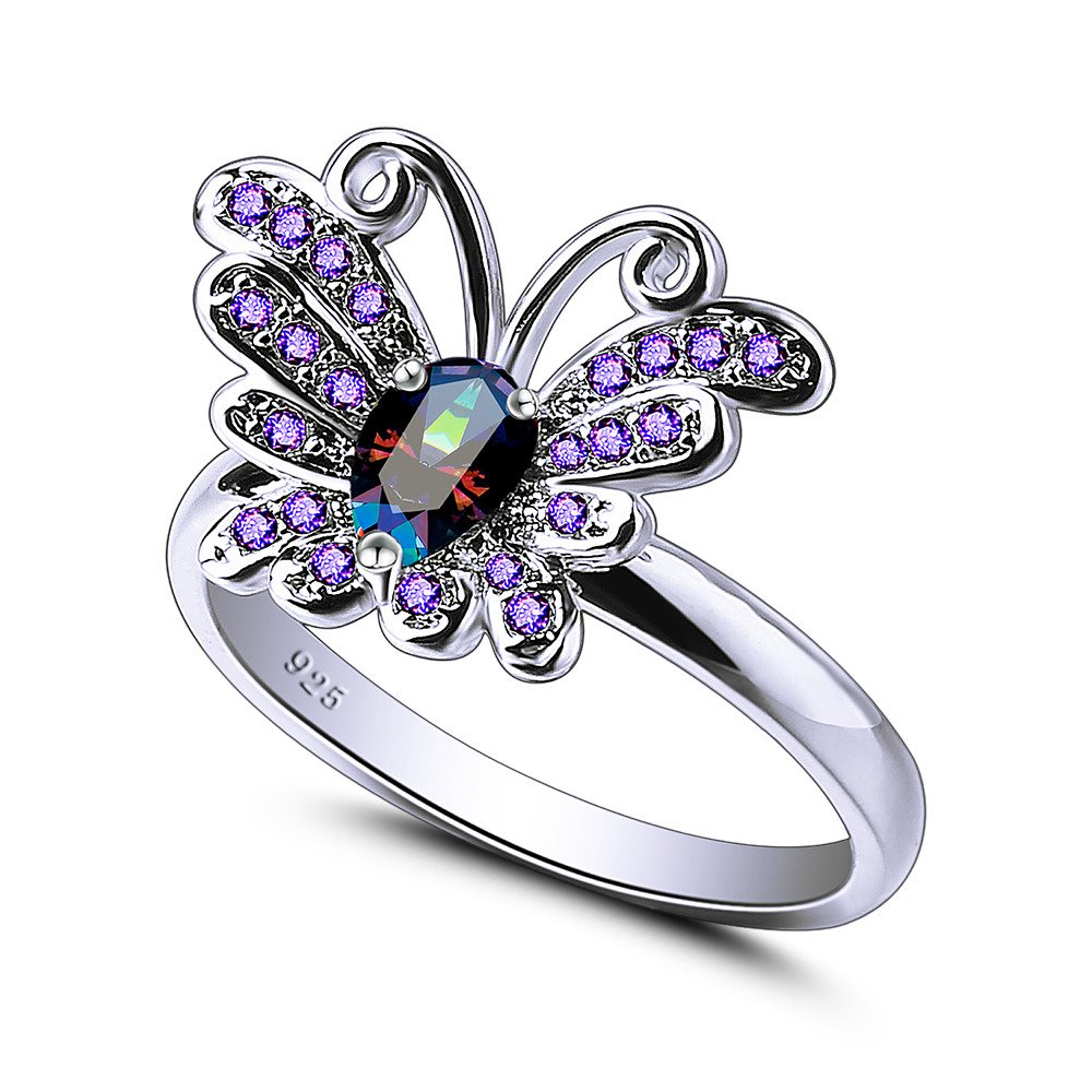 Veunora Silver Plated 4x6mm Pear Cut Created Rainbow Topaz and Amethyst Cubic Zirconia Filled Promise Proposal Engagement Wedding Butterfly Ring Band for Women Size 13