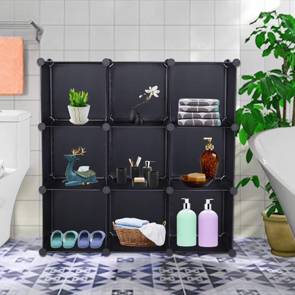 VINGLI Cube Storage, 9 Cubes Organizer Shelves Plastic Closet Cabinet, DIY Modular Storage Cube Organizer w/Hammer for Bedroom Living Room Office, Black