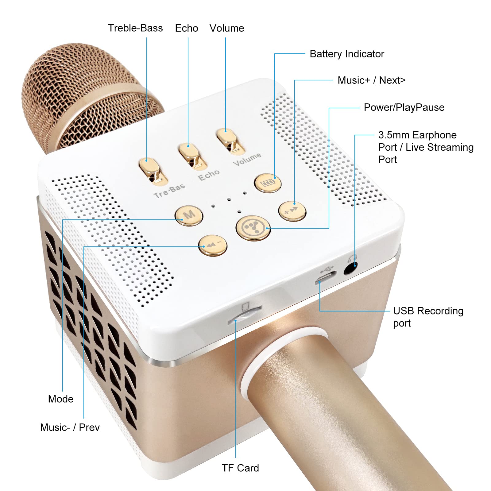 TOSING 016 Karaoke Microphone for Adults/Singer 20W Bluetooth Bass Sing Machine,Podcast 4000mAh Dual 58mm PA Woofer Wireless PA Speakers Sing Machine System(Gold)