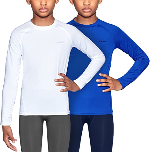 TSLA Kid's & Boy's Cool Dry Long Sleeve Compression Shirts, Athletic Workout Shirt, Sports Base Layer T-Shirt, 2pack White/Blue, 4