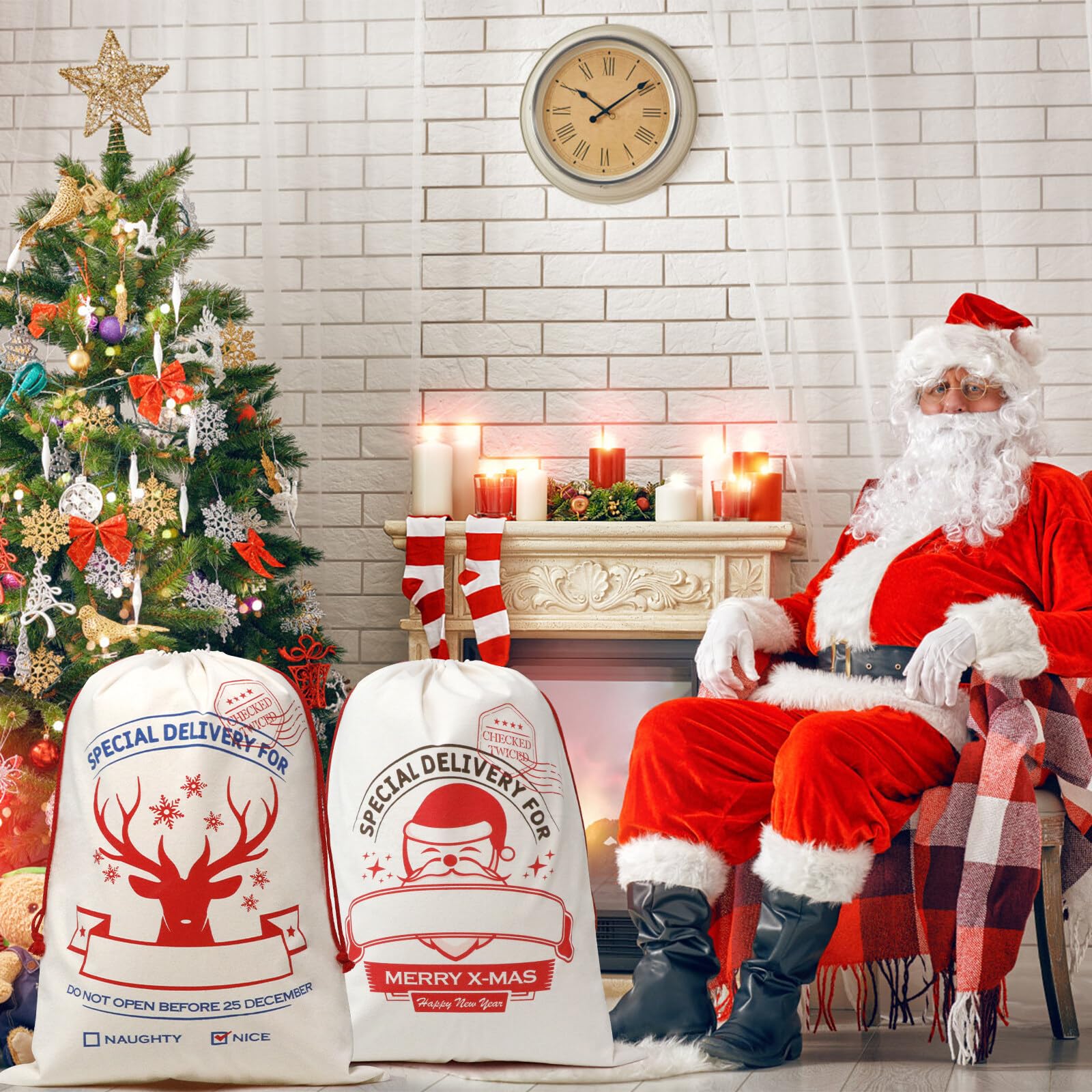 Thmyo 4 Packs Large Christmas Drawstring Gift Bags, Reusable Cloth Drawstring Wrapping Bags, DIY Cotton Santa Sack with Drawstring 27 x 19 Inch for Xmas Presents