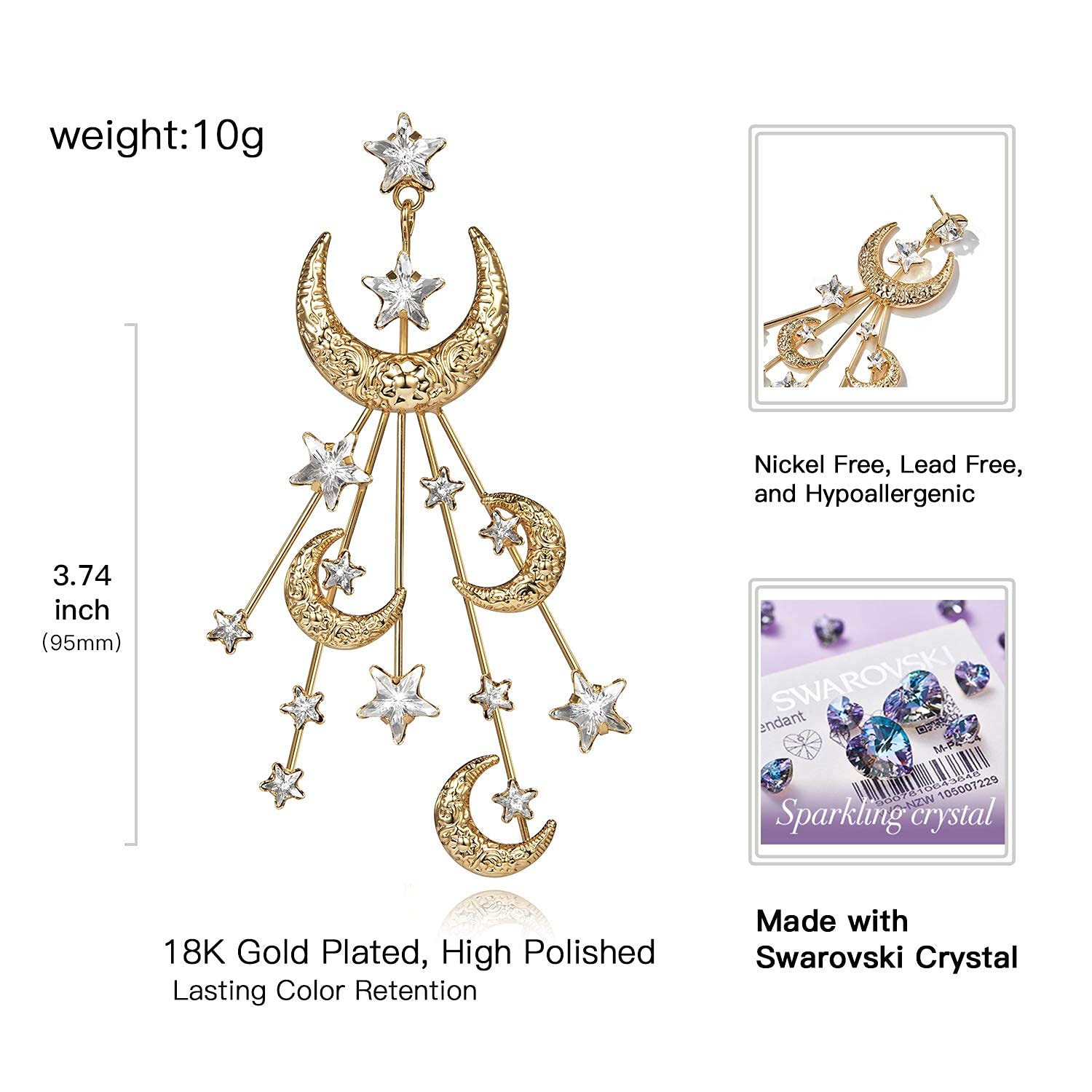 Star Moon Earrings Made Swarovski Crystal Gold Plated Crescent Moon Stars Drop Dangle Earrings Chunky Statement Star Earrings for Women Trendy Jewelry Gift