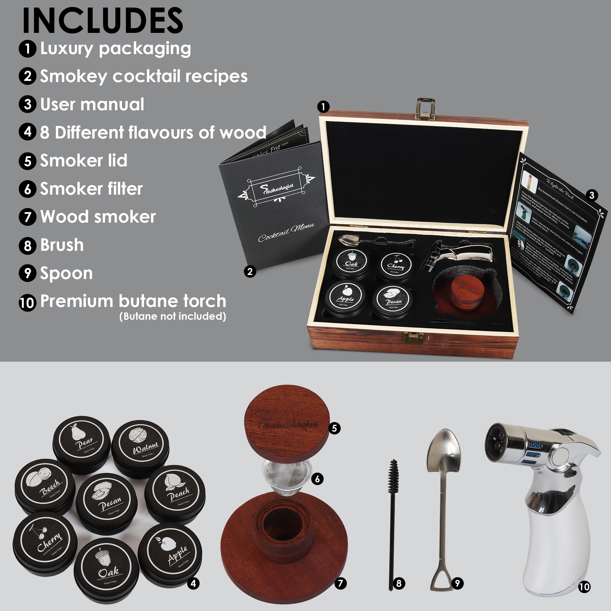 SMOKEOLOGIST Whiskey, Cocktail, and Old Fashioned Smoker Kit with Torch β Includes 8 Unique Natural Wood Flavors, Luxury Wooden Box Gift Packaging, Premium Butane Torch (Butane Fuel not Included)