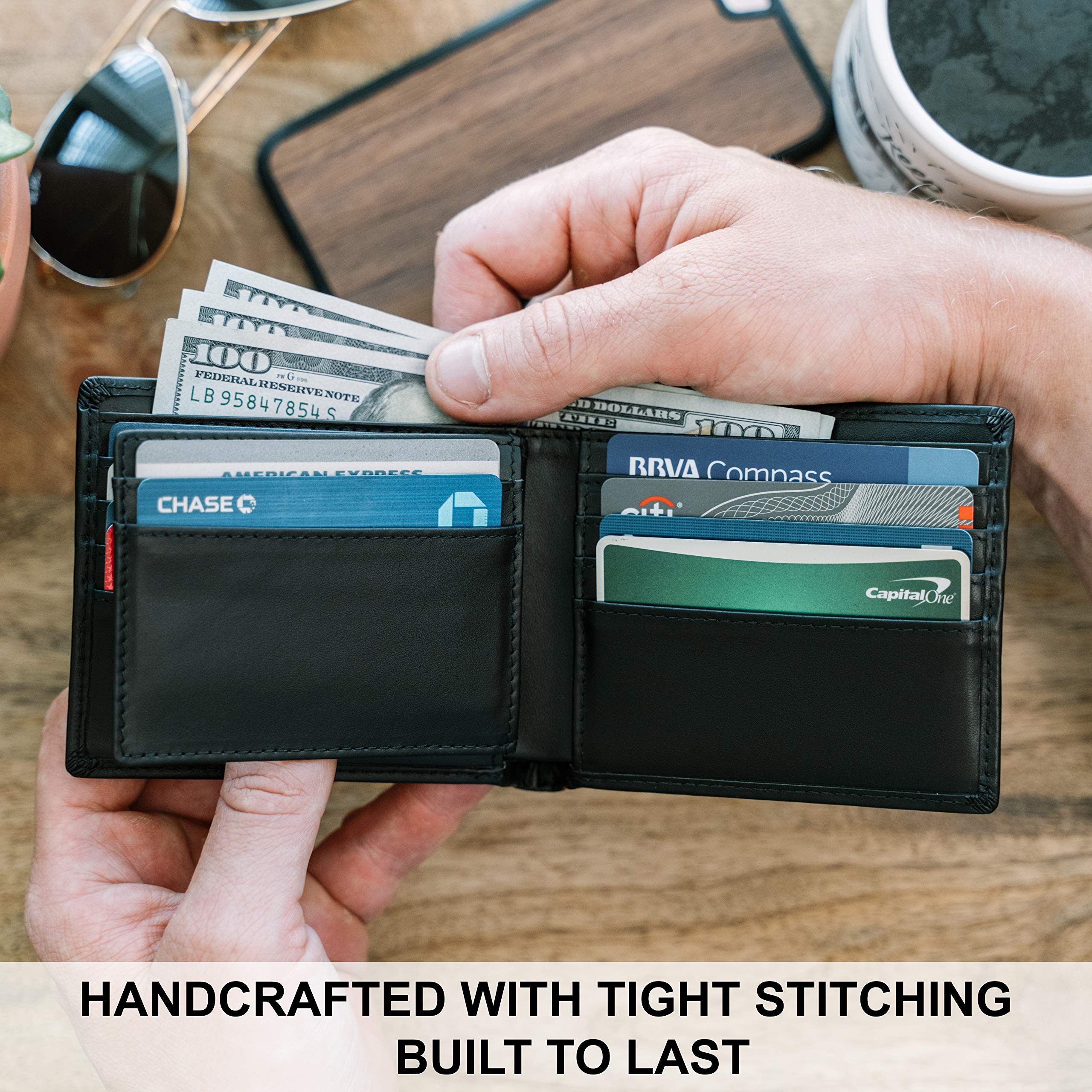 STAY FINE Leather Wallet for Men RFID Blocking Bifold with Center Flap ID Window Extra Capacity Billfold with 14 Card Slots, Black