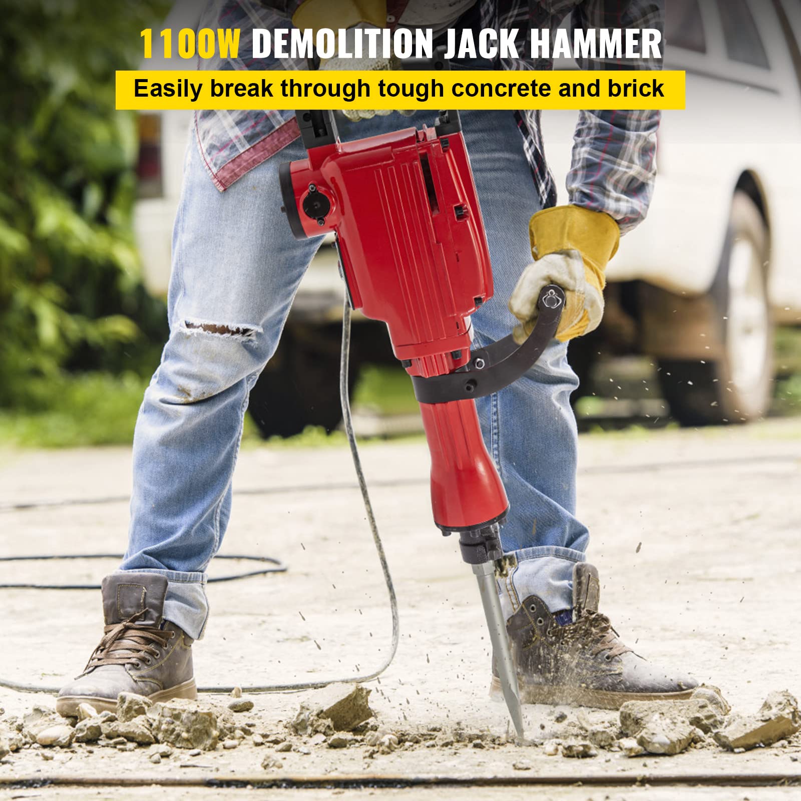VEVOR Demolition Jack Hammer Jack Hammer Concrete Breaker 1200 BPM Heavy Duty Electric Jack Hammer 3 Chisel Bit W/Gloves & 360° Swiveling Front Handle for Trenching, Chipping, Breaking Holes