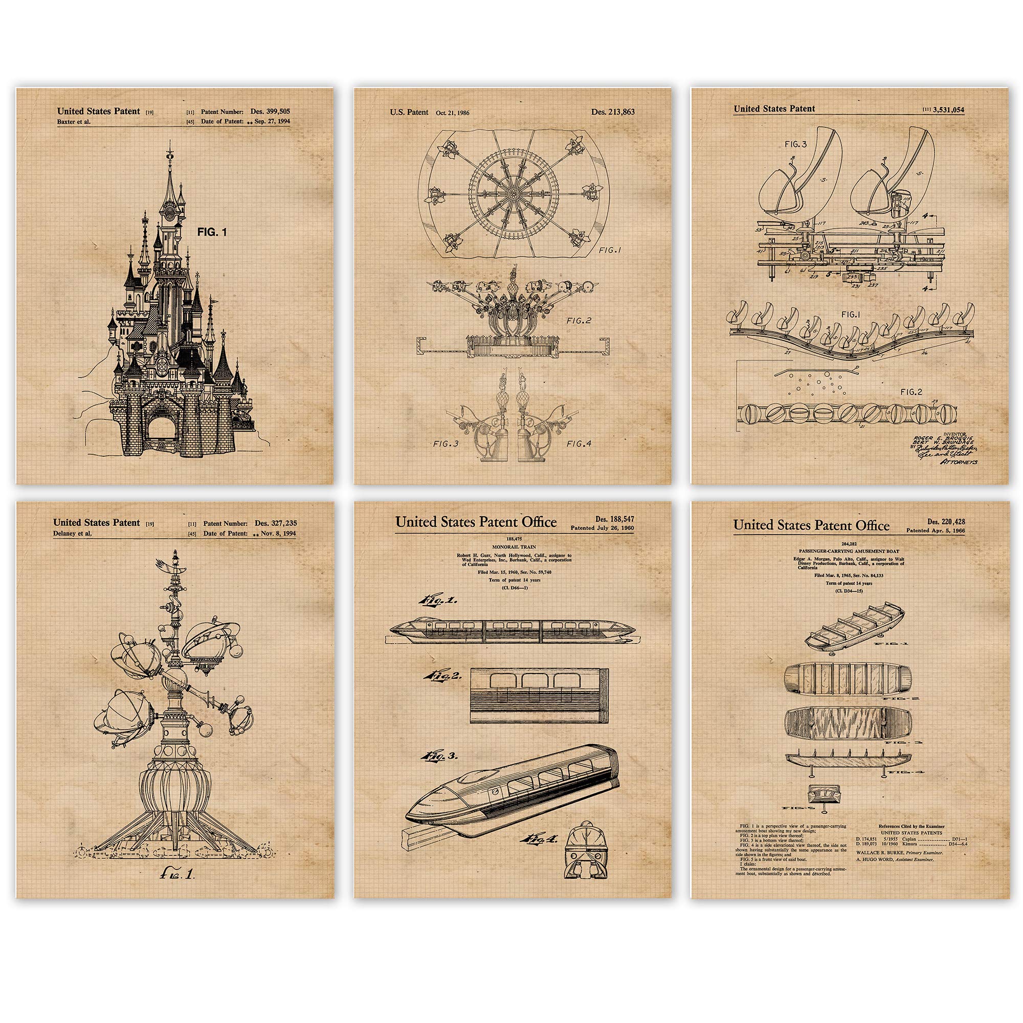 Vintage Amusement Park Rides Patent Prints, 6 (8x10) Unframed Photos, Wall Art Decor Gifts Under 25 for Home Office Garage Studio Shop Man Cave College Student Teacher Coach Walter Disney Movies Fans
