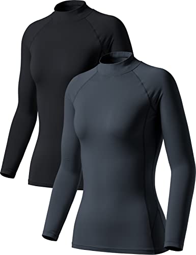 TSLA Women's Thermal Long Sleeve Tops, Mock Turtle & Crew Neck Shirts, Fleece Lined Compression Base Layer, Heat Core Mock Neck 2pack Black/Charcoal, Medium