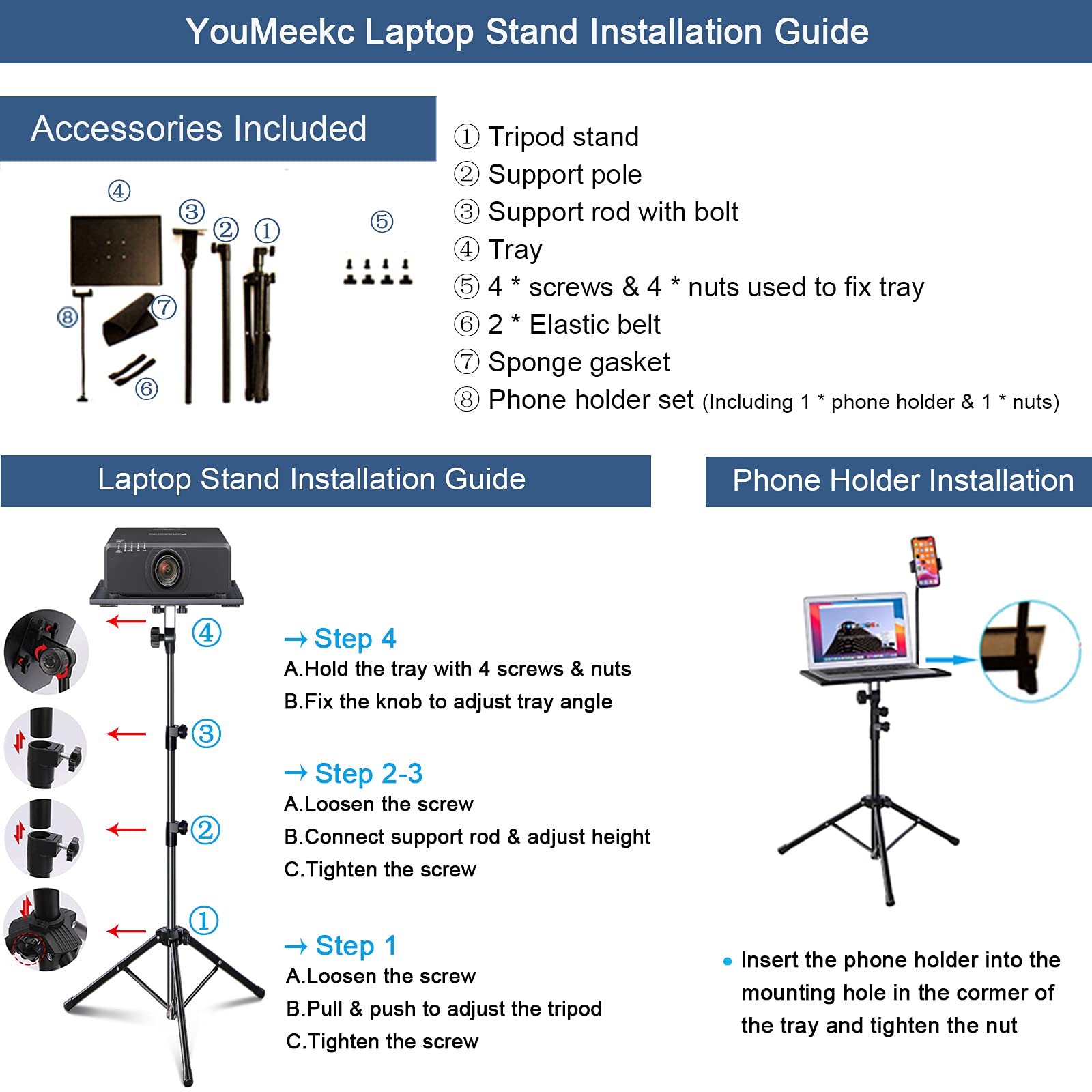 YouMeekc Laptop Stand, Adjustable & Foldable Tripod with Gooseneck Phone Holder, Suitable for Laptop, Projector, DJ Equipment, Office