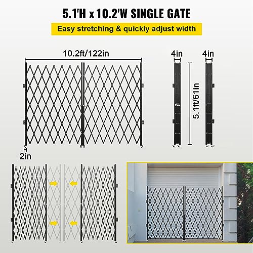 VEVOR Double Folding Security Gate, 63.39" H x 122" W Folding Door Gate, Steel Accordion Security Gate, Flexible Expanding Security Gate, 360° Rolling Barricade Gate, Scissor Gate or Door with Keys
