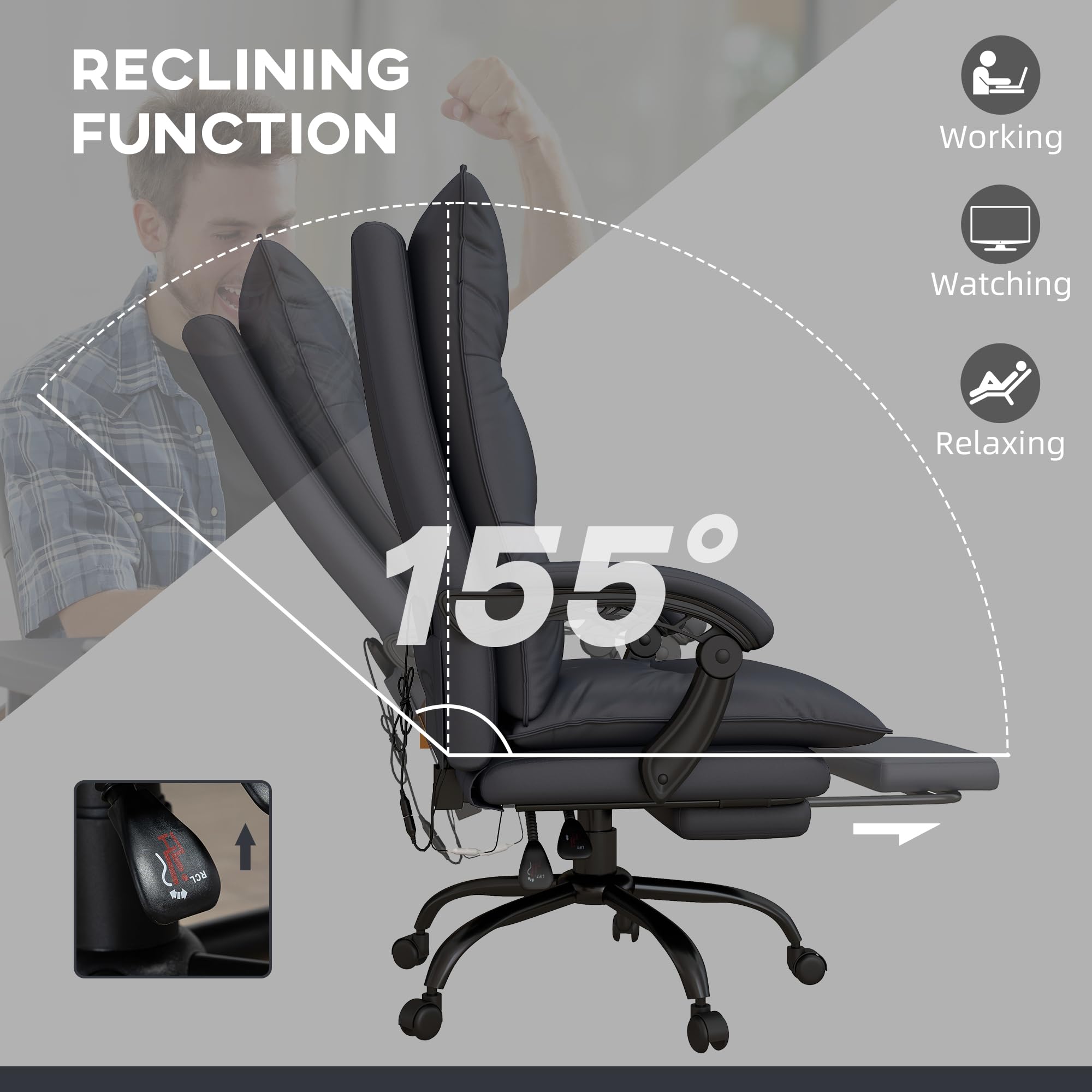Vinsetto Executive Massage Office Chair with 6 Vibration Points, Microfiber Computer Desk Chair, Heated Reclining Chair with Footrest, Armrest, Double Padding, Charcoal Gray