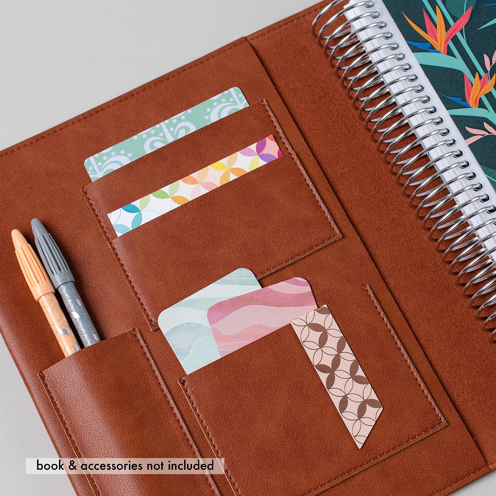 Vegan Leather Folio - Camel. Personal Organizer with 5 Pockets for Cards, Phone and Notepad and 1 Pen Loop. Secure Magnetic Flap Closure. Fits most 7" x 9" Planners and Notebooks by Erin Condren.