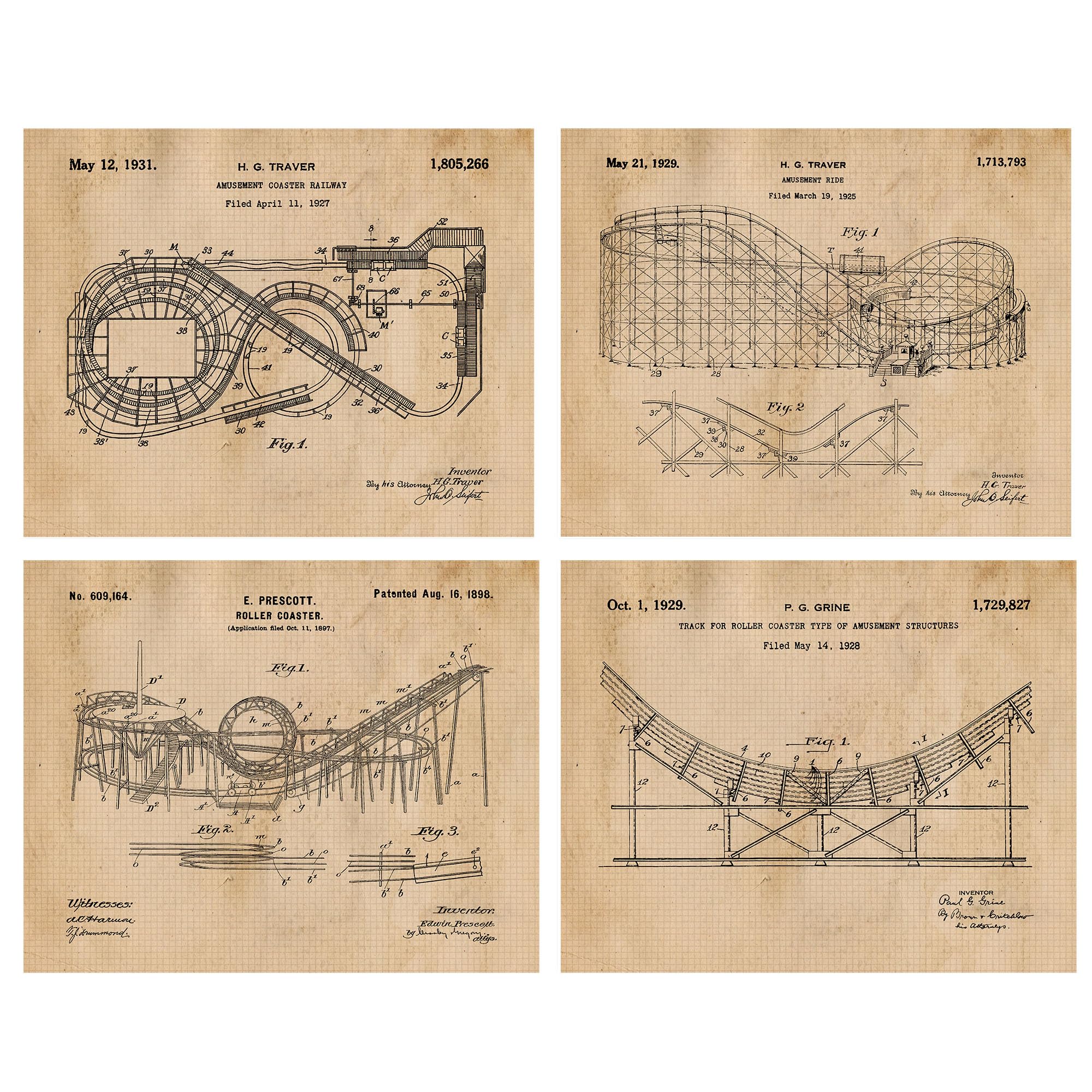 Vintage Roller Coaster Patent Prints, 4 (8x10) Unframed Photos, Wall Art Decor Gifts Under 20 for Home Office Garage Man Cave Shop Student Teacher Coach Amusement Theme Park Rides Thrill Seeker Fans