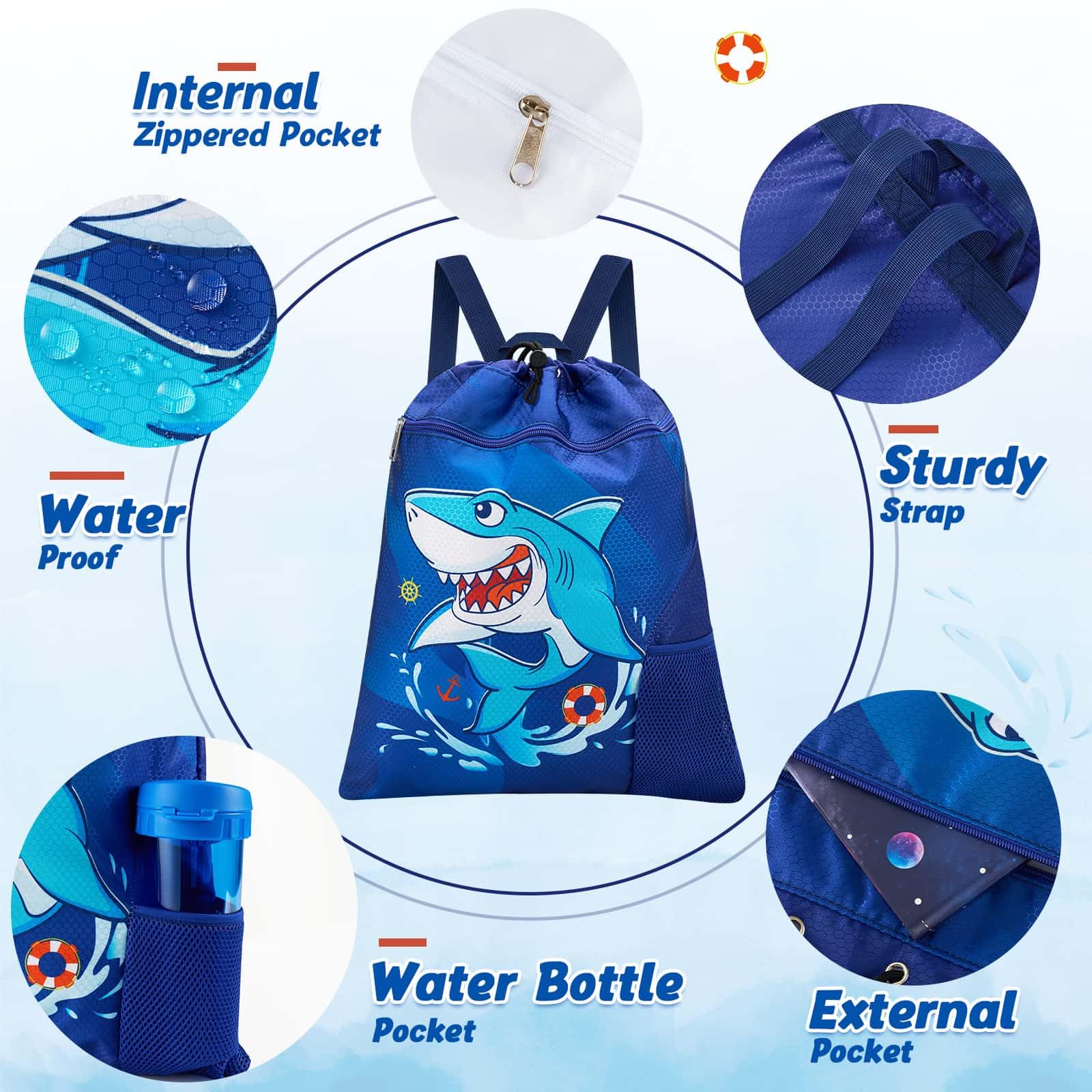 WAWSAM Shark Gym Drawstring Backpack - 15β x 17β Sports Gym Bag Drawstring Bag for Boys Kids Waterproof String Backpack for Beach Swim Travel Yoga Gift with Zipper Pocket and Water Bottle Pocket