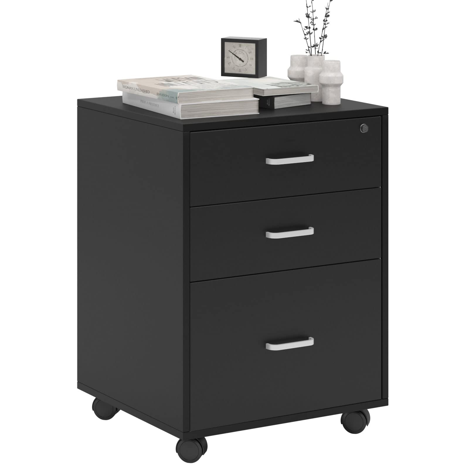 SogesHome File Cabinet with 3 Drawers, Office Storage File Cabinet on Wheels, Under Desk Filing Drawer Storage for Home (Black)