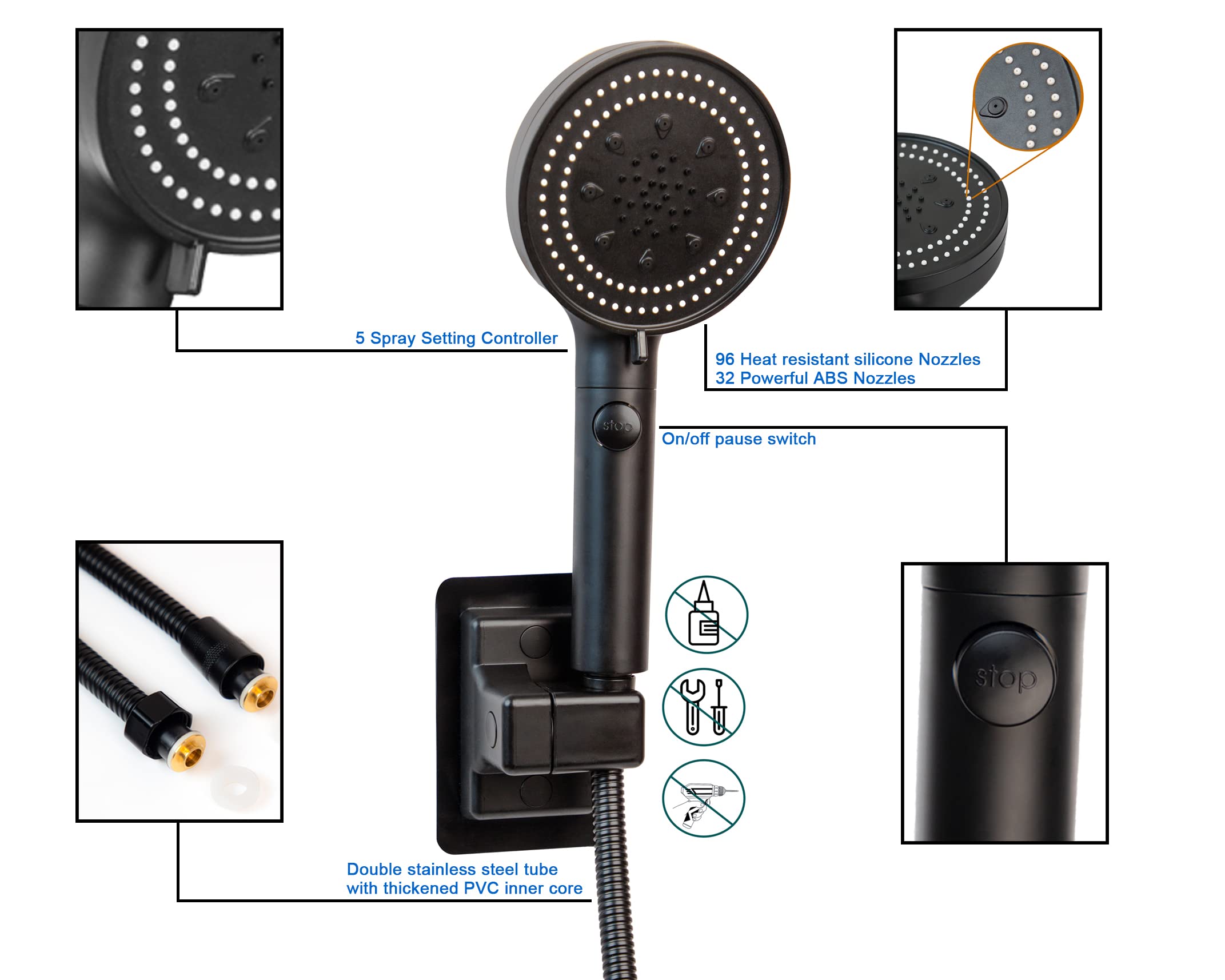 SoaShower High Pressure Handheld Shower 5-Settings、Leakproof Extra Long 78 Inch Stainless Steel Hose、Adhesive Shower Head Holder(Height/Angle Adjustable)、Matte black(Classic)、ON/OFF Pause Switch