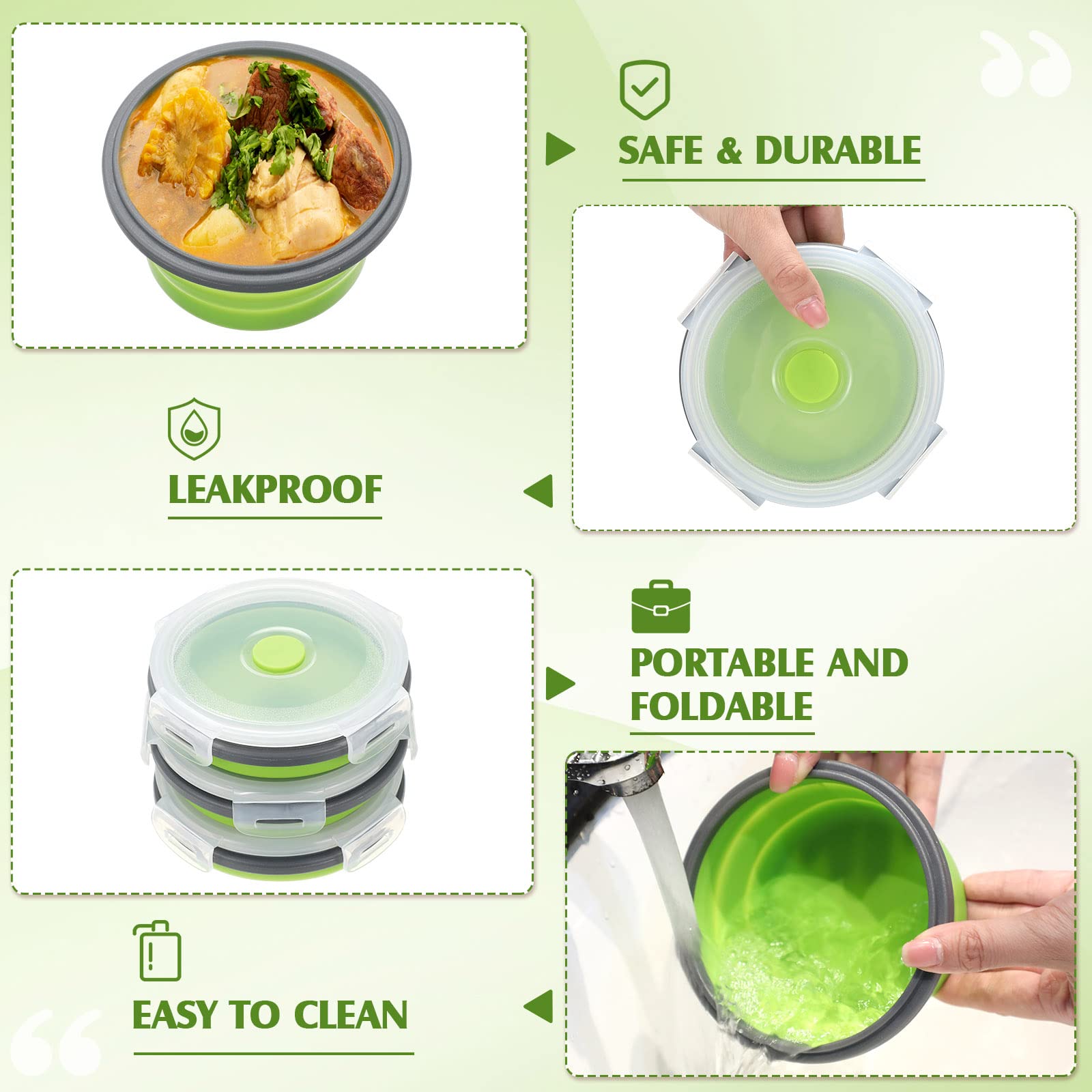 Tanlade 12 Pack Collapsible Bowls with Lids 17oz Collapsible Food Storage Containers Round Lunch Containers Silicone Collapsible Bowls for Camping RV Kitchen Microwave Dishwasher (Gray, Green)