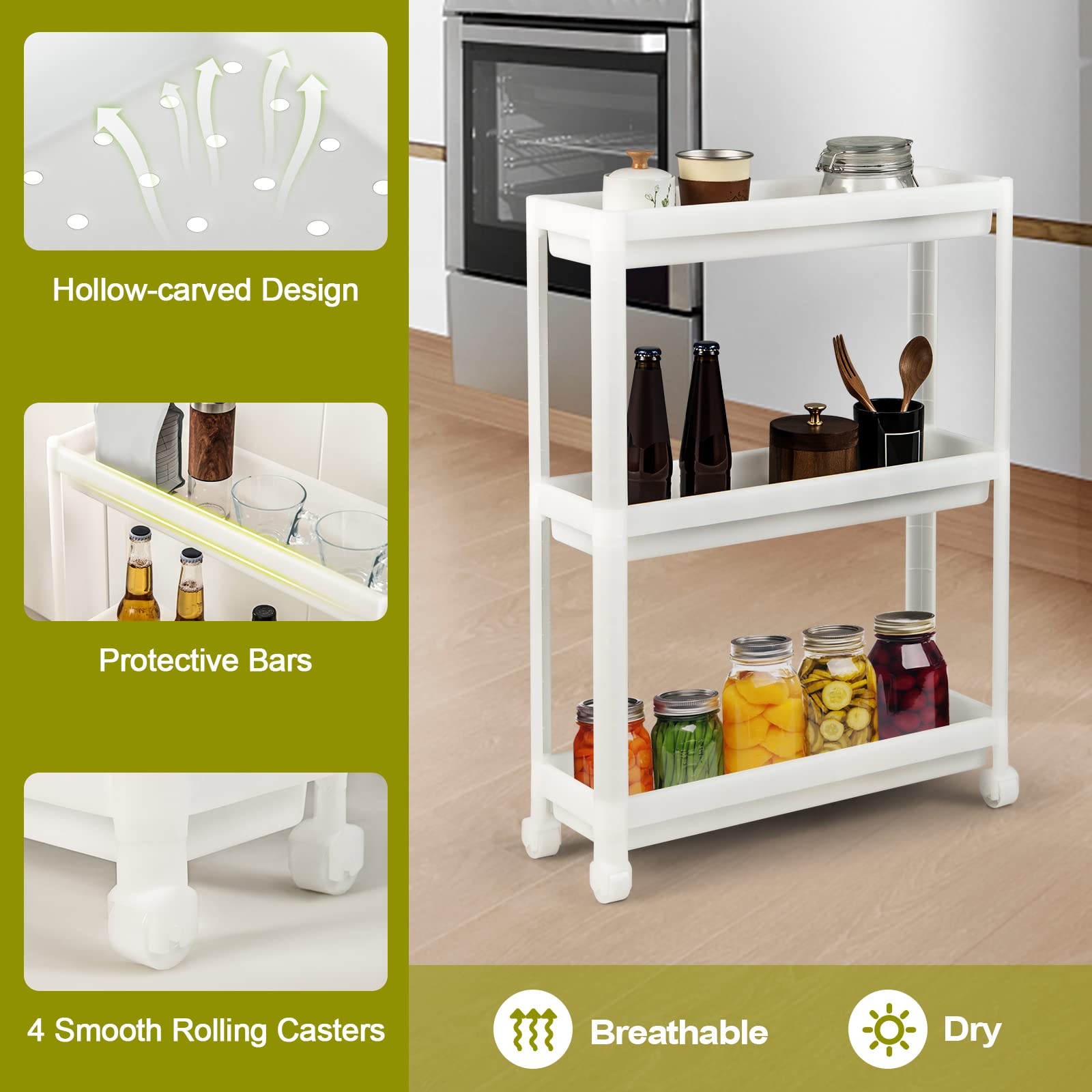 S AFSTAR 3 Tier Rolling Utility Cart Set of 2, Slide Out Mobile Utility Cart for Small Space, Free Combination-Easy Assembly Shelving Unit, 2-Pack 3-Tier Slim Storage Cart for Bathroom Laundry Room