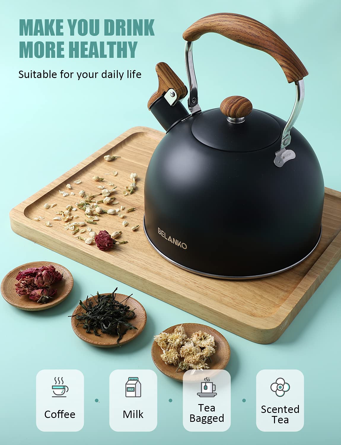 Tea Kettle, BELANKO 85 OZ / 2.5 Liter Whistling Tea Kettle, Tea Pots for Stove Top Food Grade Stainless Steel with Wood Pattern Folding Handle, Loud Whistle Kettle for Tea, Coffee, Milk - Black