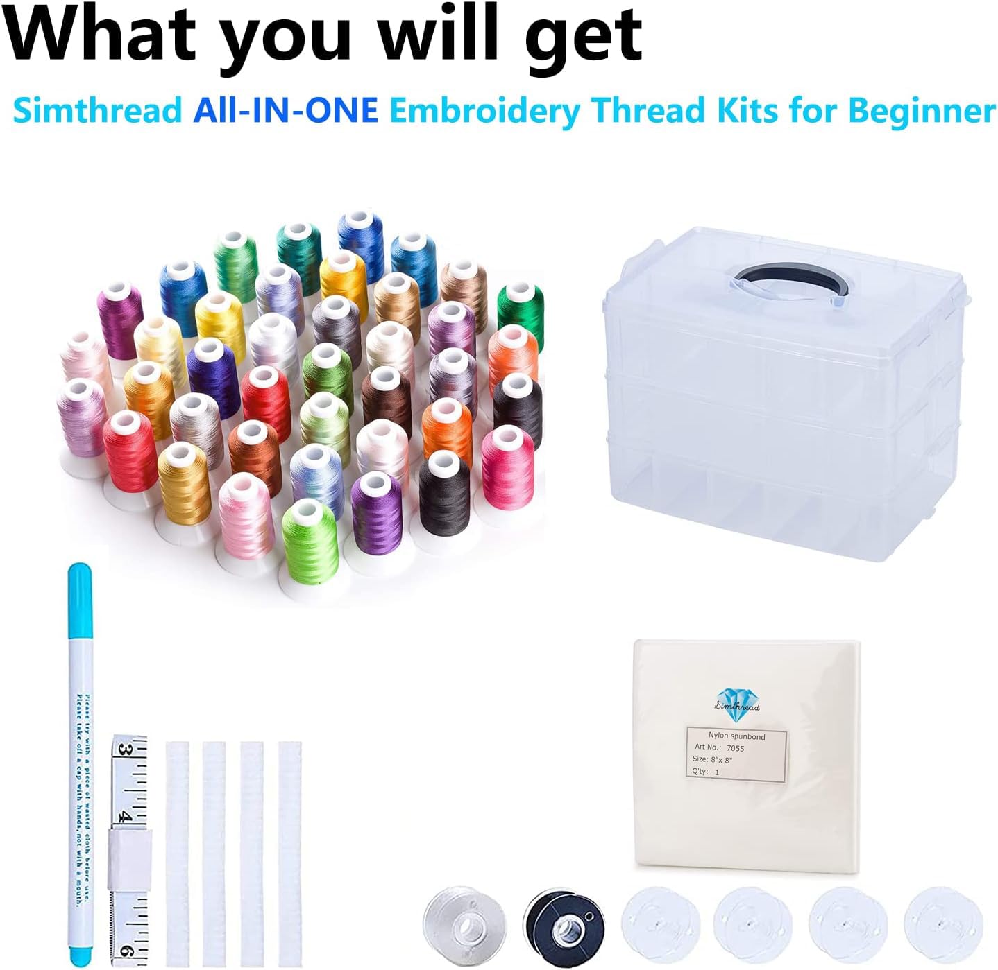 Simthread [Anti-Tangle] Embroidery Thread Kit with Organizer Box, All-in-one 40 Colors 100% Polyester Sewing Thread, Compatible for Brother Babylock Janome Embroidery Machine