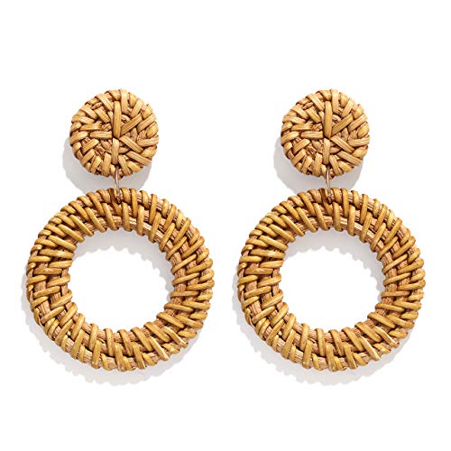 Rattan Earrings for Women Handmade Lightweight Wicker Straw Stud Earrings Statement Weaving Braid Drop Dangle Earring (Rattan Hoop)