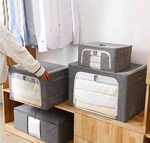 WUPYE Storage Bins, Foldable Storage Box with Metal Frame, Stackable Closet Organizer with Sturdy Fabric, 2 Doors 2 Windows and 2 Zippers Wardrobe Storage Containers