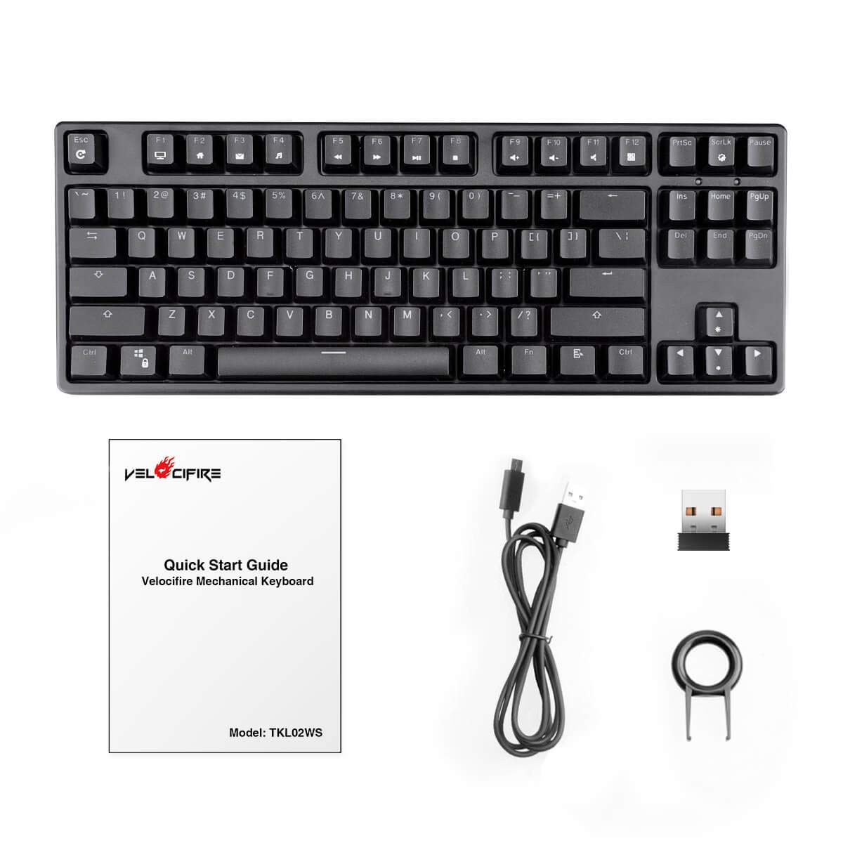 VELOCIFIRE Wireless Mechanical Keyboard, TKL02WS 87 Key Ergonomic with Brown Switches, White LED Backlit for Copywriters, Typists, and Programmers