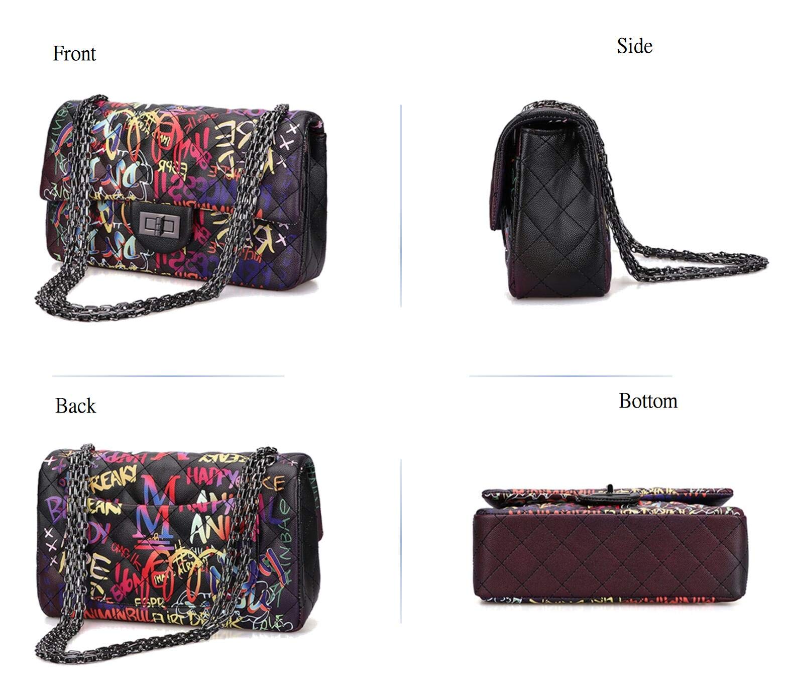 Wxnow Quilted Crossbody for Women PU Leather Shoulder Bags Purse with Chain Strap Handbags Black Graffiti
