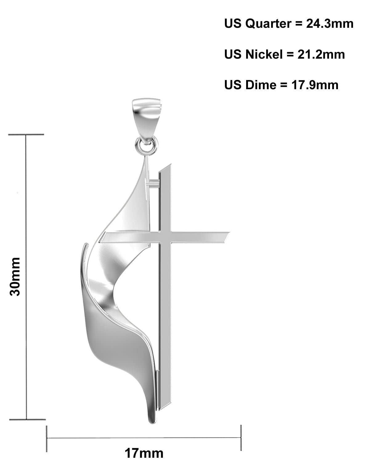 US Jewels Ladies 925 Sterling Silver Polished 30mm Methodist Cross Pendant 1.4mm Rope Chain Necklace, 18"
