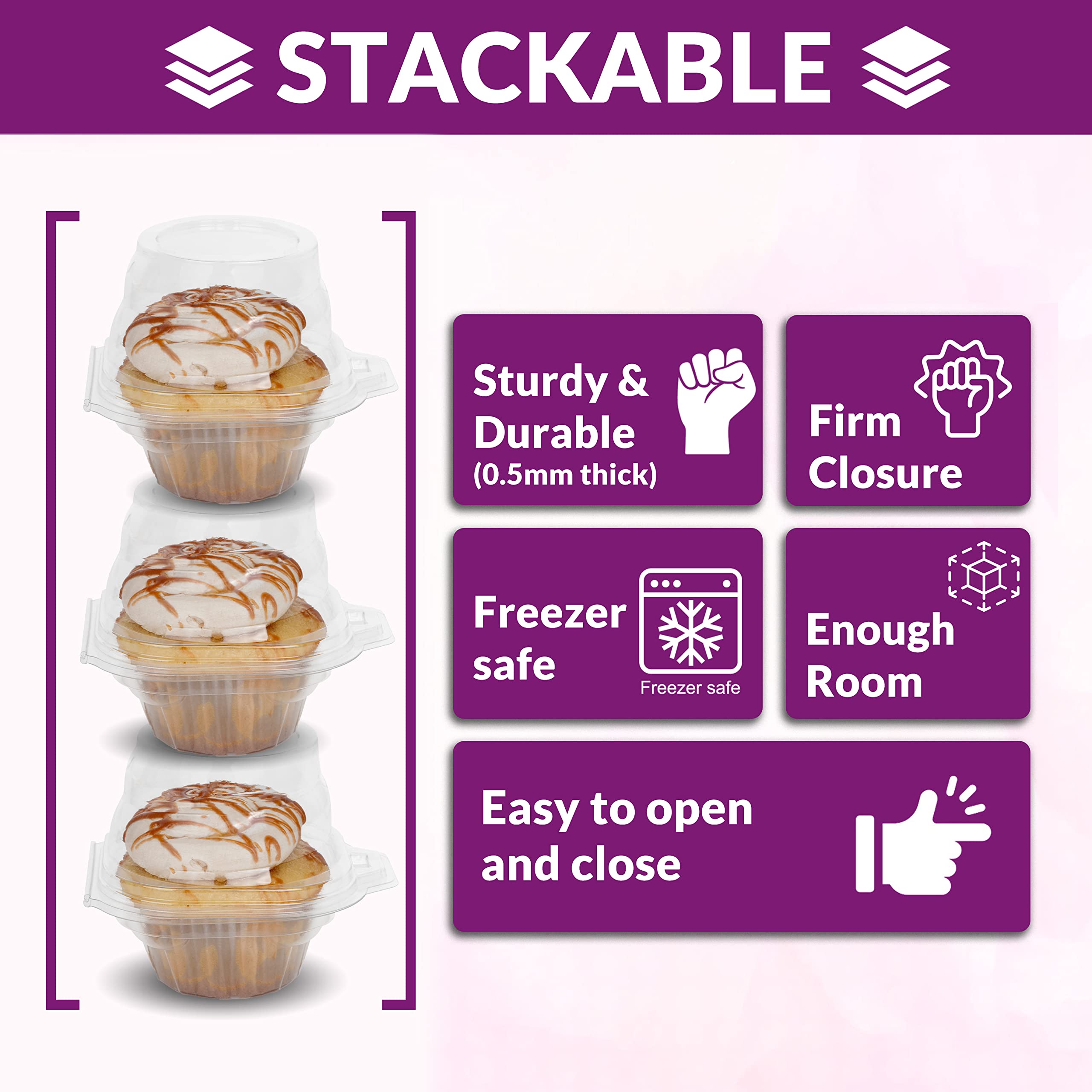 True 7 - [75 Pcs] Individual Cupcake Containers Disposable Clear Plastic Cupcake Holders with Airtight Deep Dome Lid Stackable Single Cupcake Boxes for Home Baking Party Wedding, Cake Shop