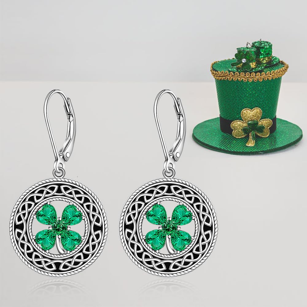 St Patricks Day Shamrock Earrings for Women Studs Sterling Silver Green Irish Four Leaf Clover Earrings Dangle Lucky Shamrock Gifts