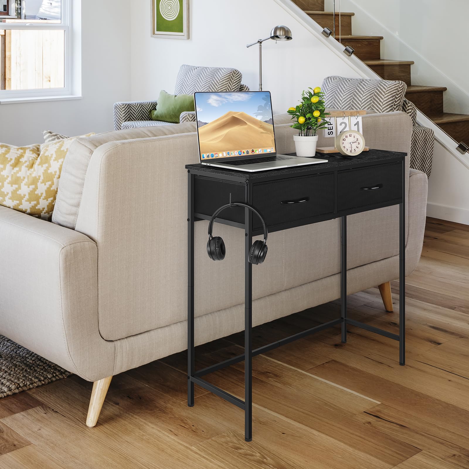 Small Entryway Table with 2 Drawers, Console Table with Storage, Rustic 31.5" Narrow Sofa Table Entrance Table for Hallway, Living Room, Foyer, Behind Couch Table with Storage and Fabric Drawers