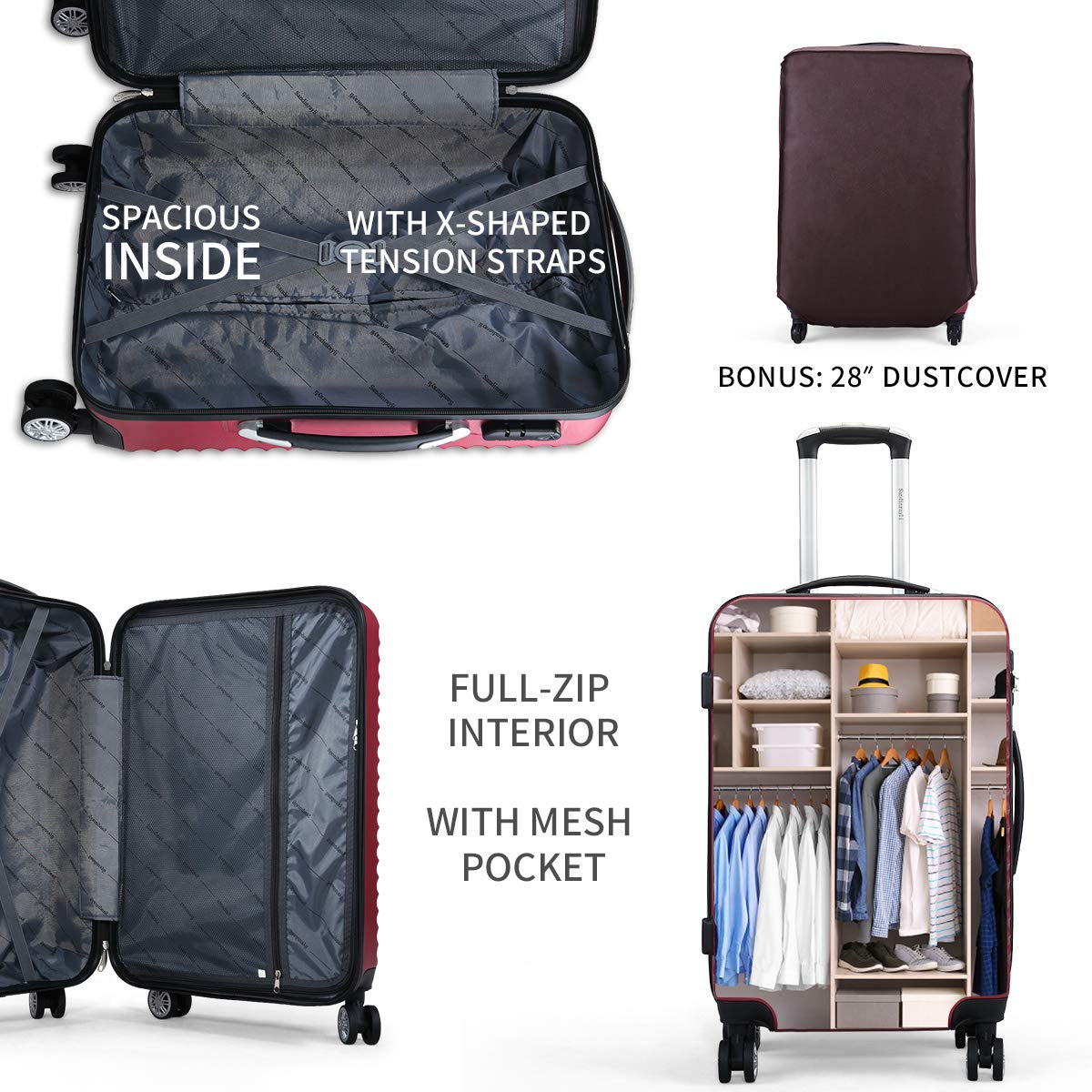 Sandinrayli Hardside Luggage Set, 20" Carry-On, 24" & 28" Suitcase with Spinner Wheel, Lightweight & Durable ABS, Wine Red